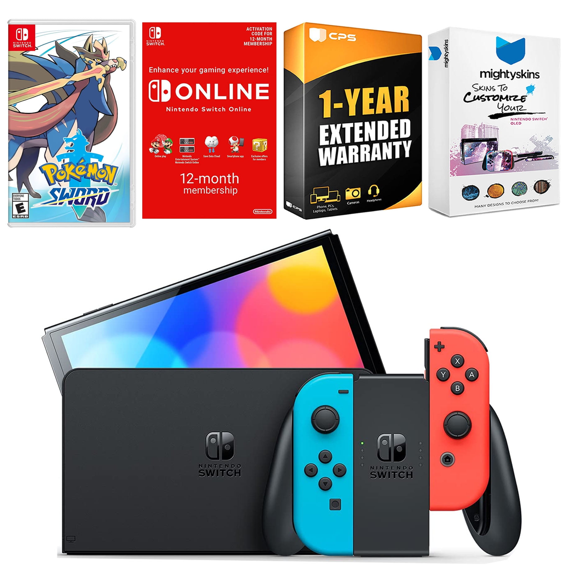 Nintendo Switch Neon Red & Blue OLED Console with Pokemon Sword, NSO 12 Month Family Membership ...