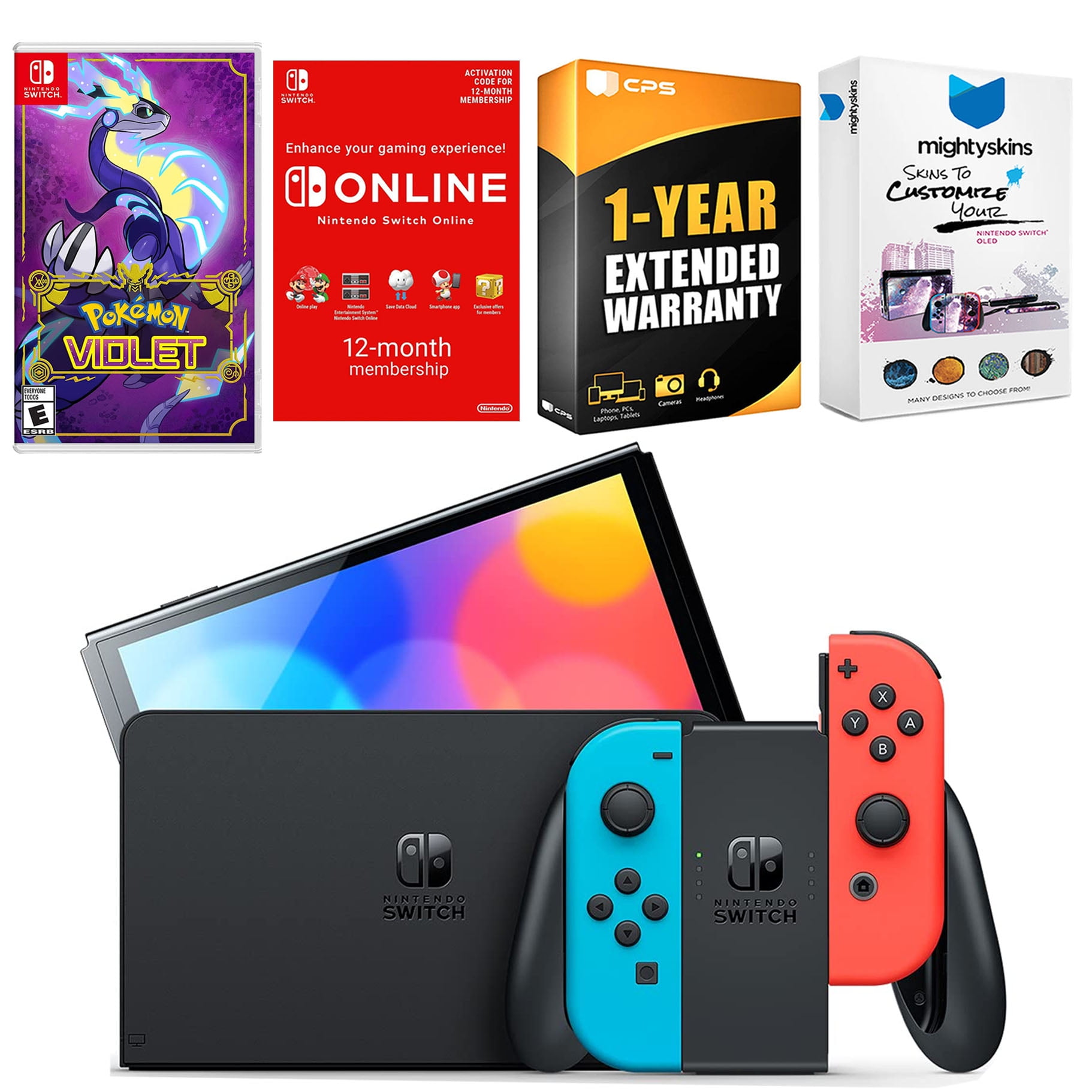 Nintendo Switch Neon Red & Blue OLED Console with Pokemon Violet, NSO 12 Month Family Membership ...