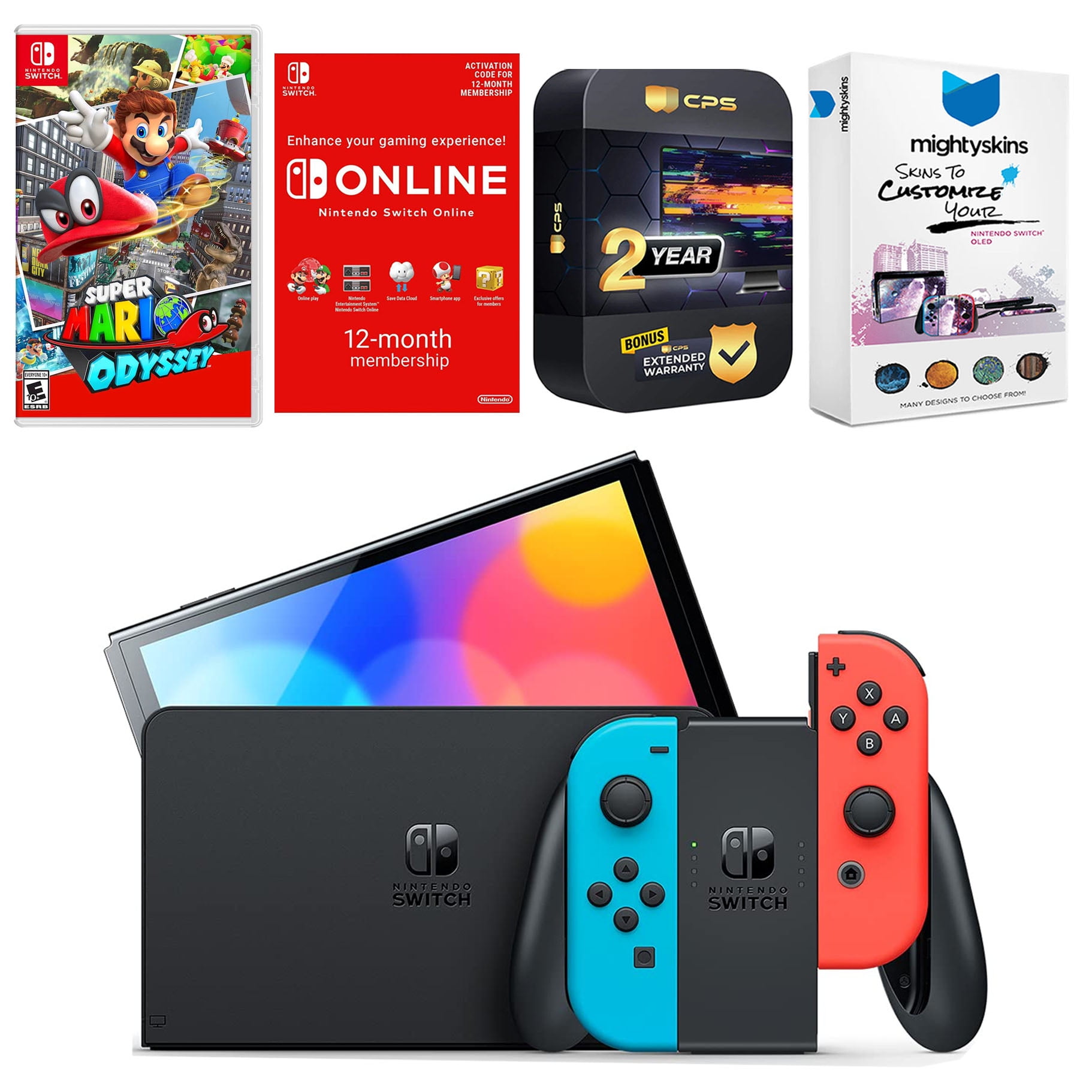 Nintendo Switch Neon Red & Blue OLED Console with Super Mario Odyssey ...