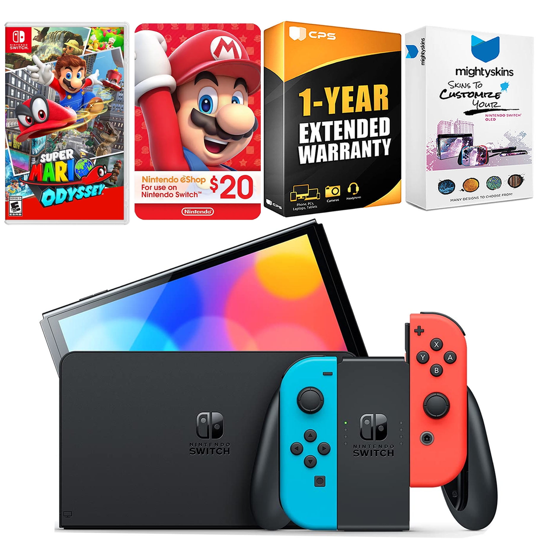 Nintendo Switch Neon Red & Blue OLED Console with Super Mario Odyssey ...