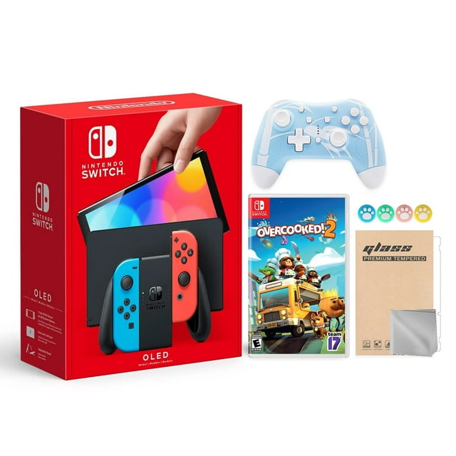 Nintendo Switch OLED Neon Red Blue with Overcooked 2, Mytrix Wireless ...