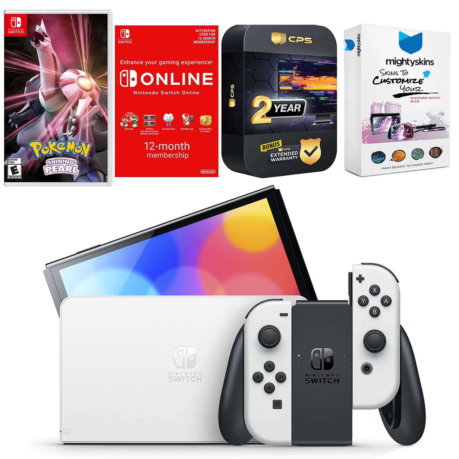 Nintendo Switch White OLED Console with Pokemon Shining Pearl, NSO 12 Month Family Membership ...