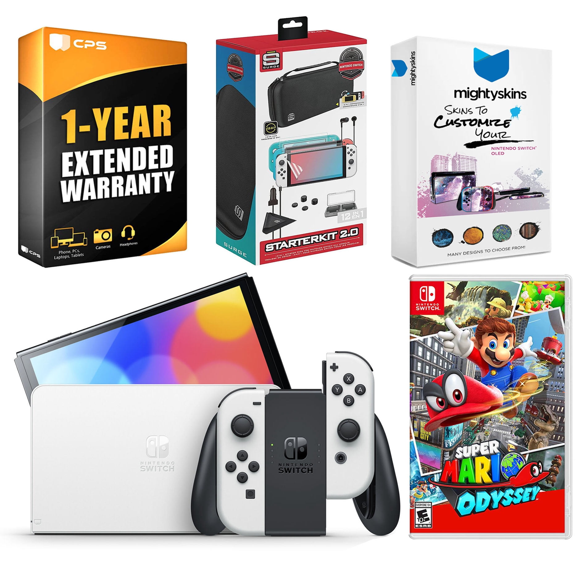 Nintendo Switch White OLED Console with Super Mario Odyssey, Surge ...