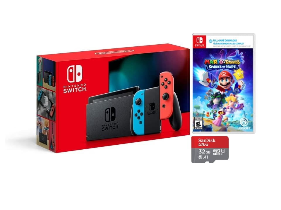 Nintendo Switch with Neon Blue and Neon Red Joy Con & Mario + Rabbids ...