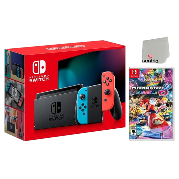 Nintendo Switch Bundle: Neon Red/Blue Joy‑Cons, Mario Kart 8, Sentriq ...