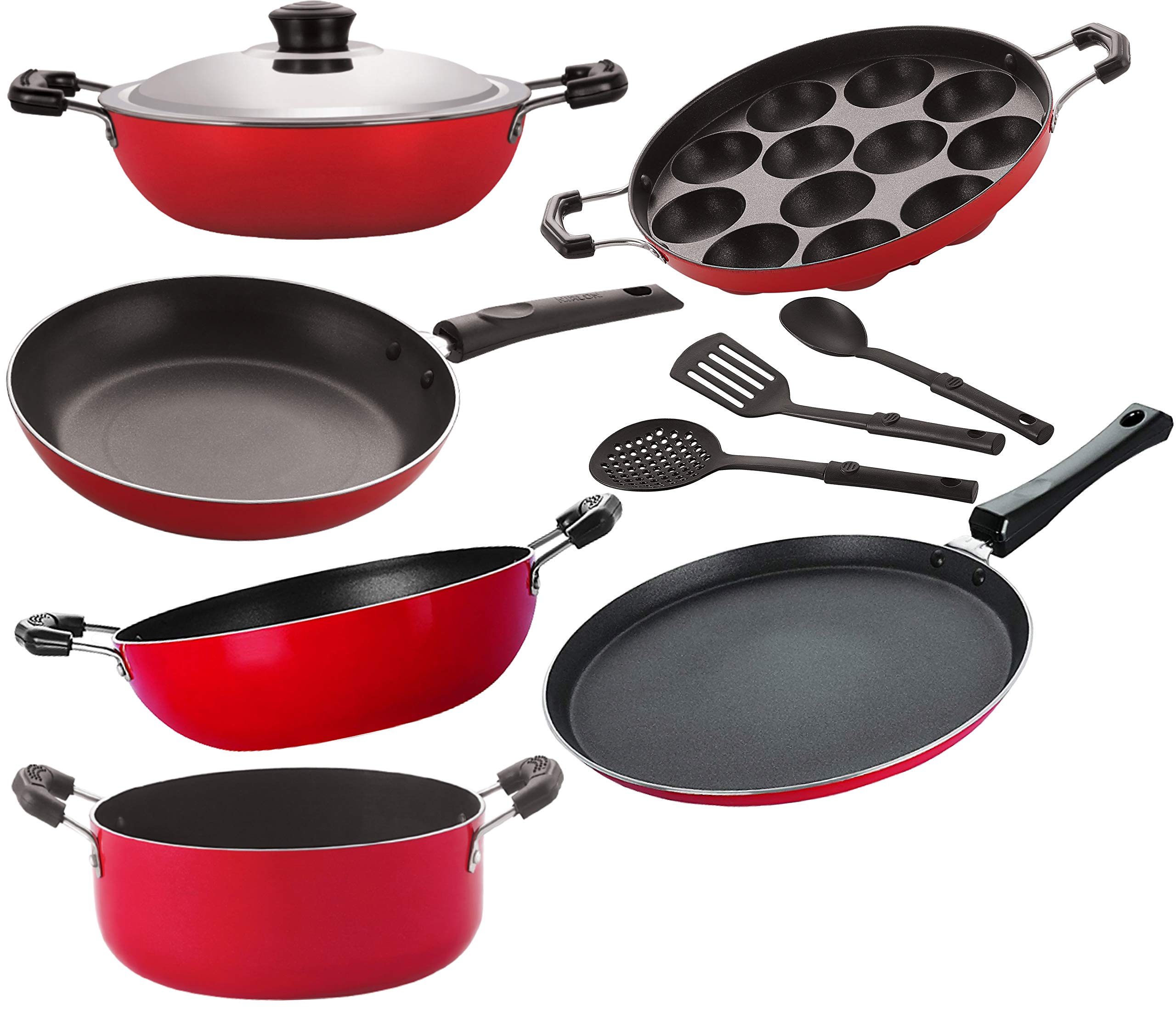 Nirlon Non-Stick Aluminium Standard Kitchen Cookware Set, 9-Piece, Red ...