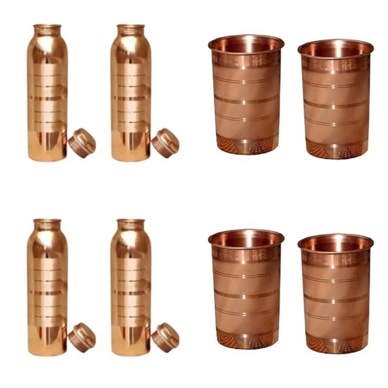 Nirmal Ganga Jointless Luxury pure Coper Bottle 1L(pack of 4) & Glass ...