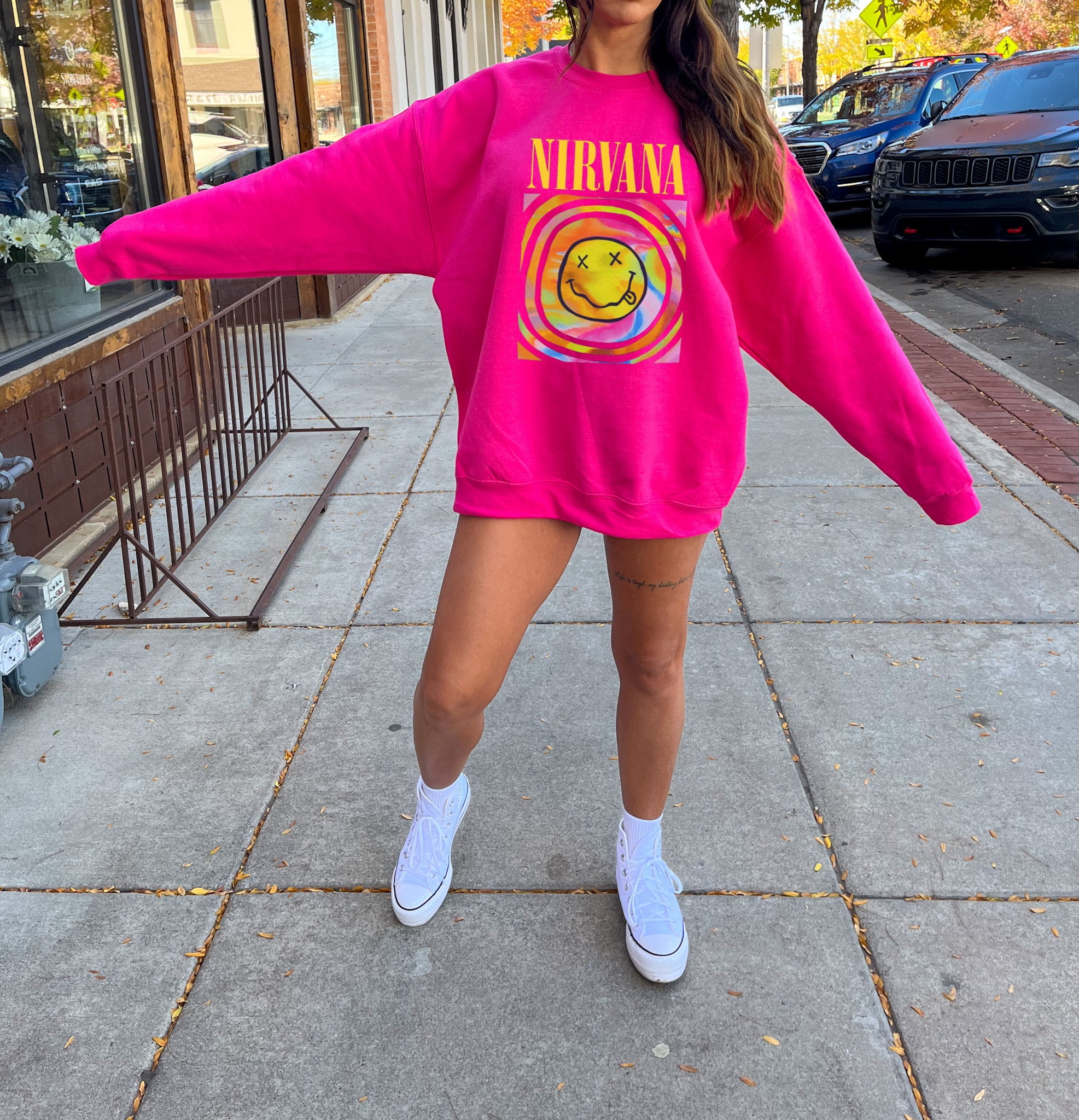 Nirvana Sweatshirt Nirvana Smile Face Crewneck Sweatshirt Nirvana Pink Sweatshirt Crewneck