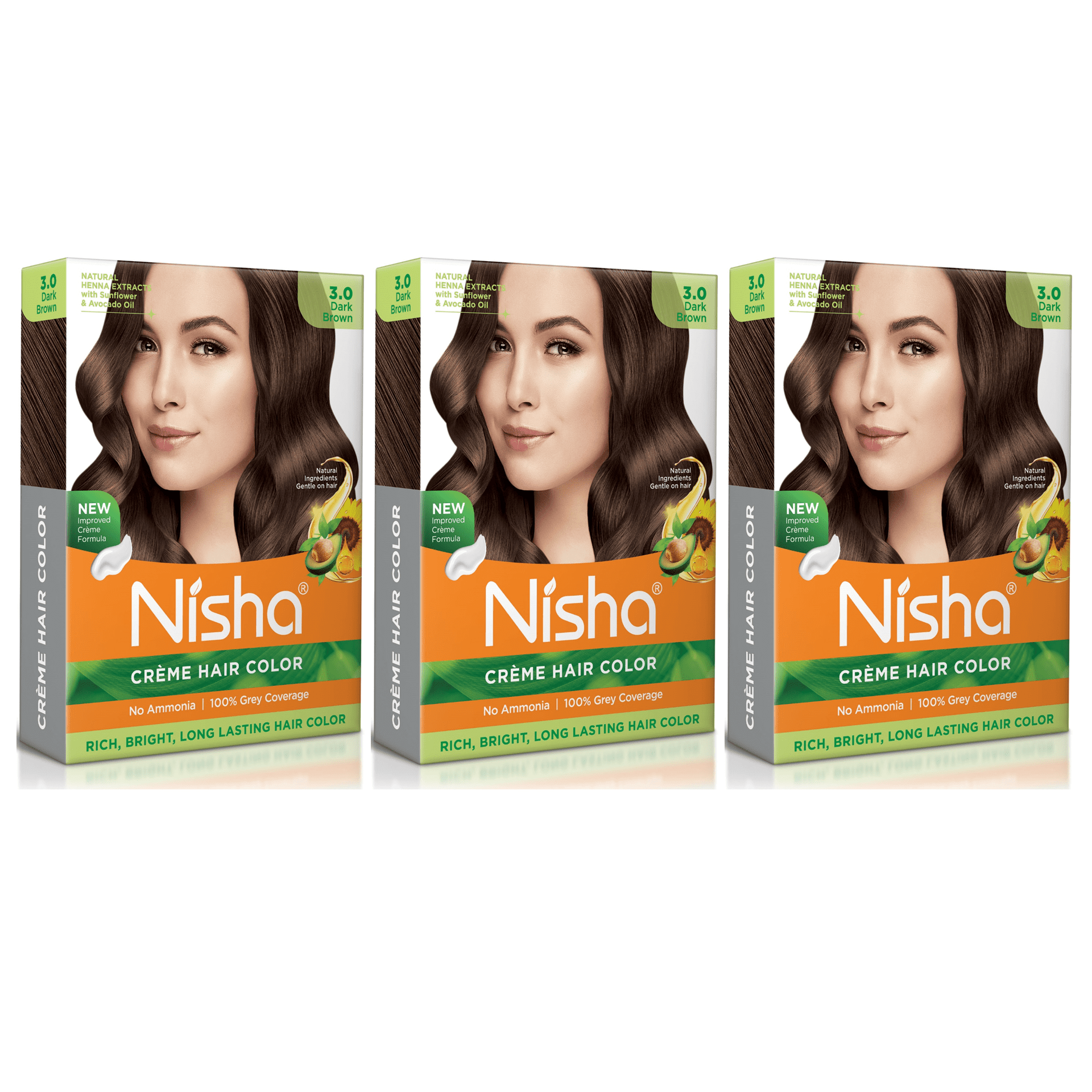 Nisha (3 pack) Crème Hair Color, Permanent Brown Hair Dye Color, 100% ...