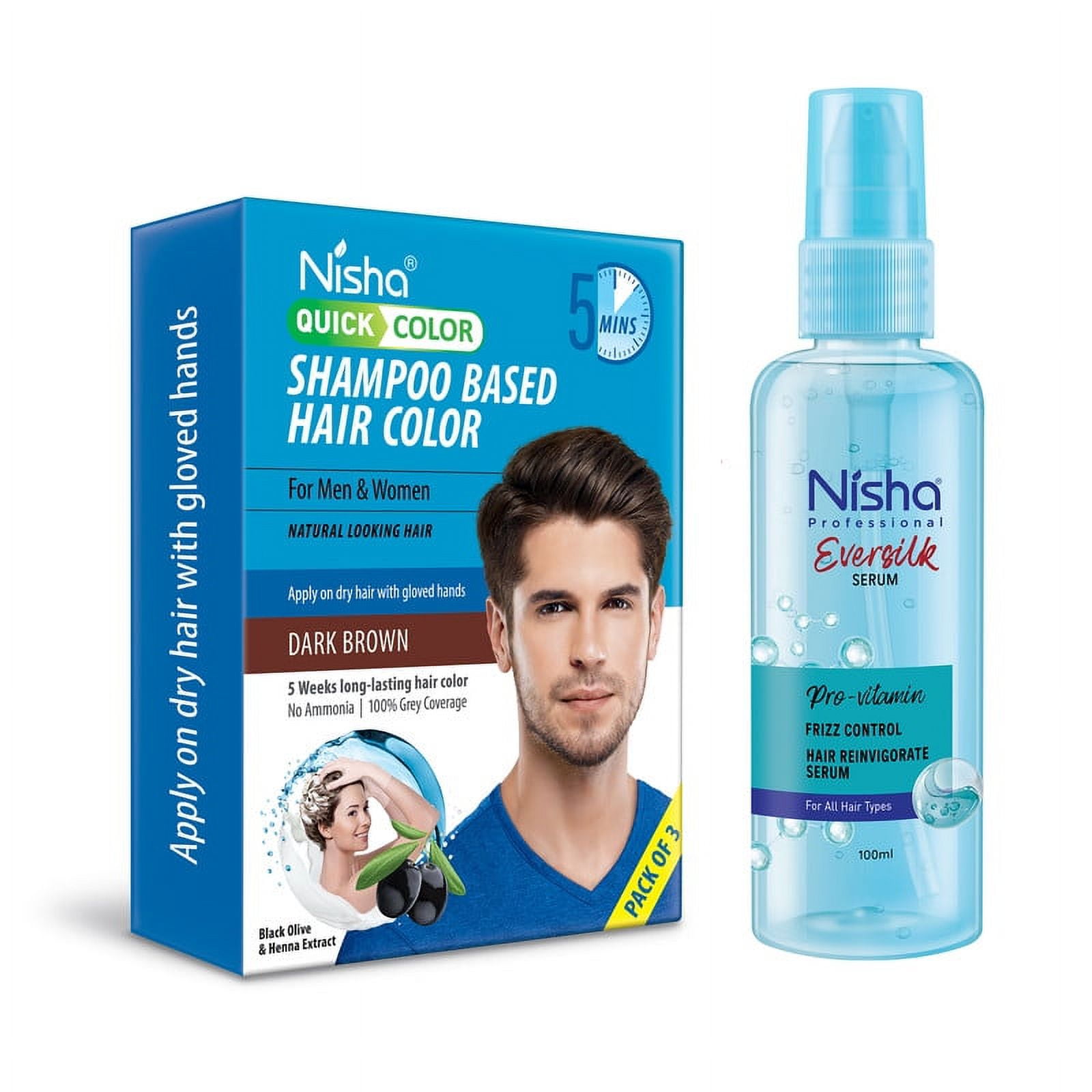 Nisha Combo Shampoo Hair Color Dye in 5 Minutes Dark Brown 60ml + Hair ...