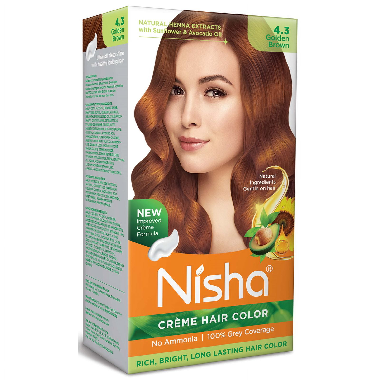 Nisha Crème Hair Color, Henna Enriched Permanent Golden Brown Dye, 100% ...