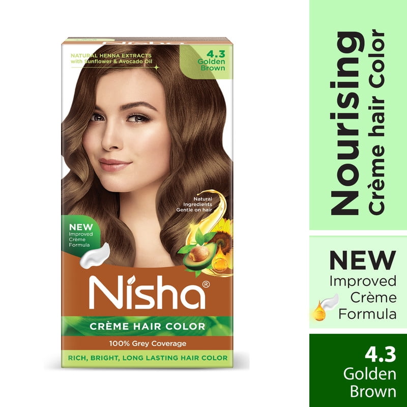 Nisha Crème Hair Color, Henna Enriched Permanent Golden Brown Dye, 100% ...