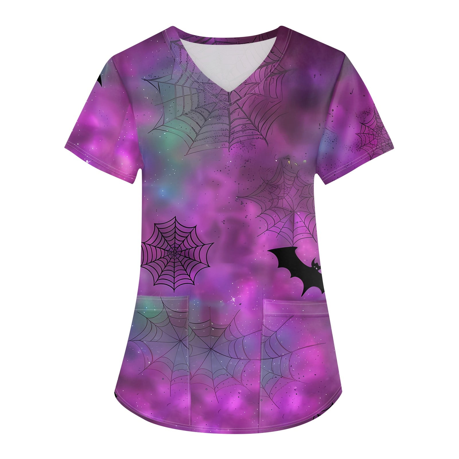 Nisorays Halloween Scrubs Tops For Women Cat Pumpkin Bat Graphic Short Sleeve V Neck Nurse