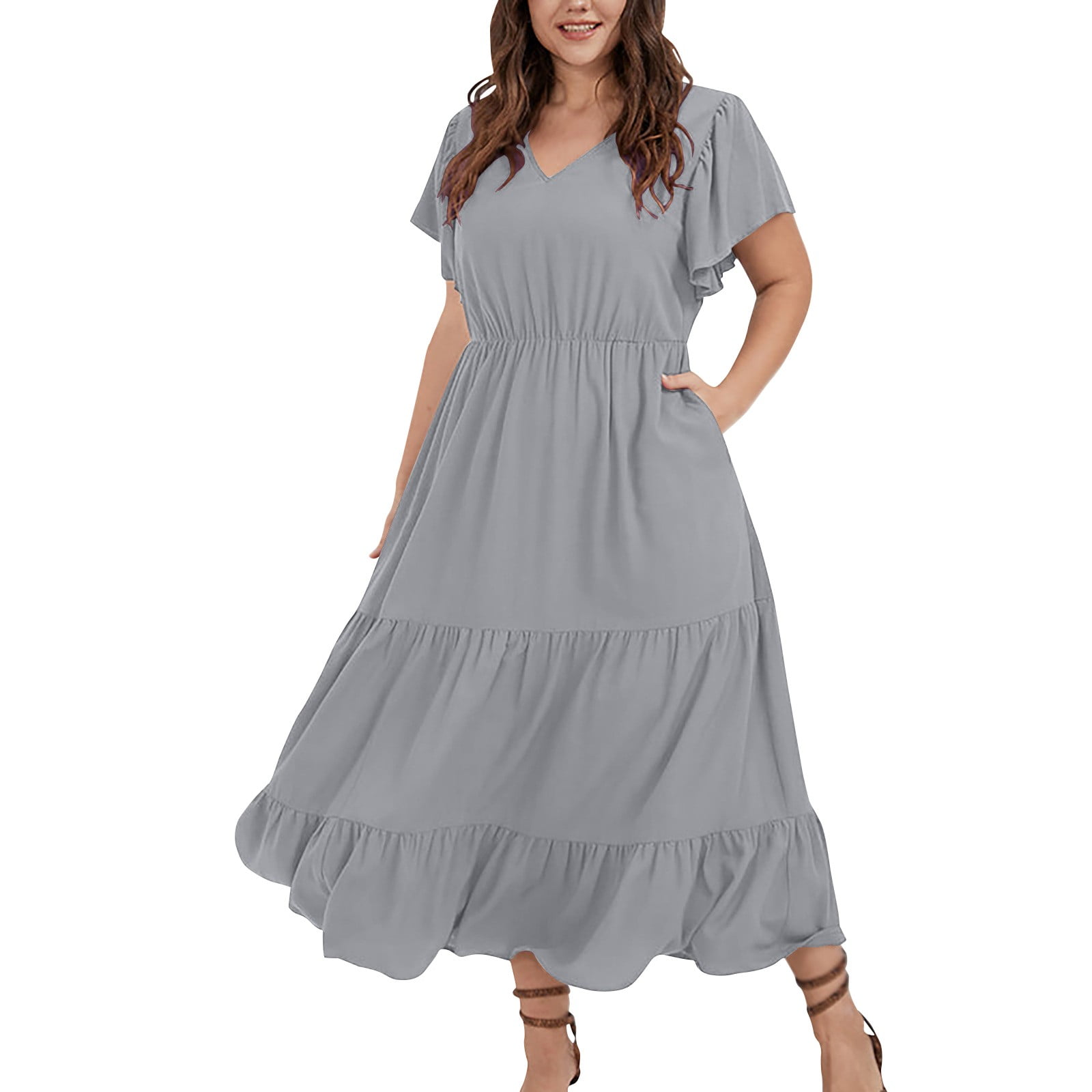 Nisorays Plus Size Dresses for Women A Line Maxi Dress Tiered Ruffled ...