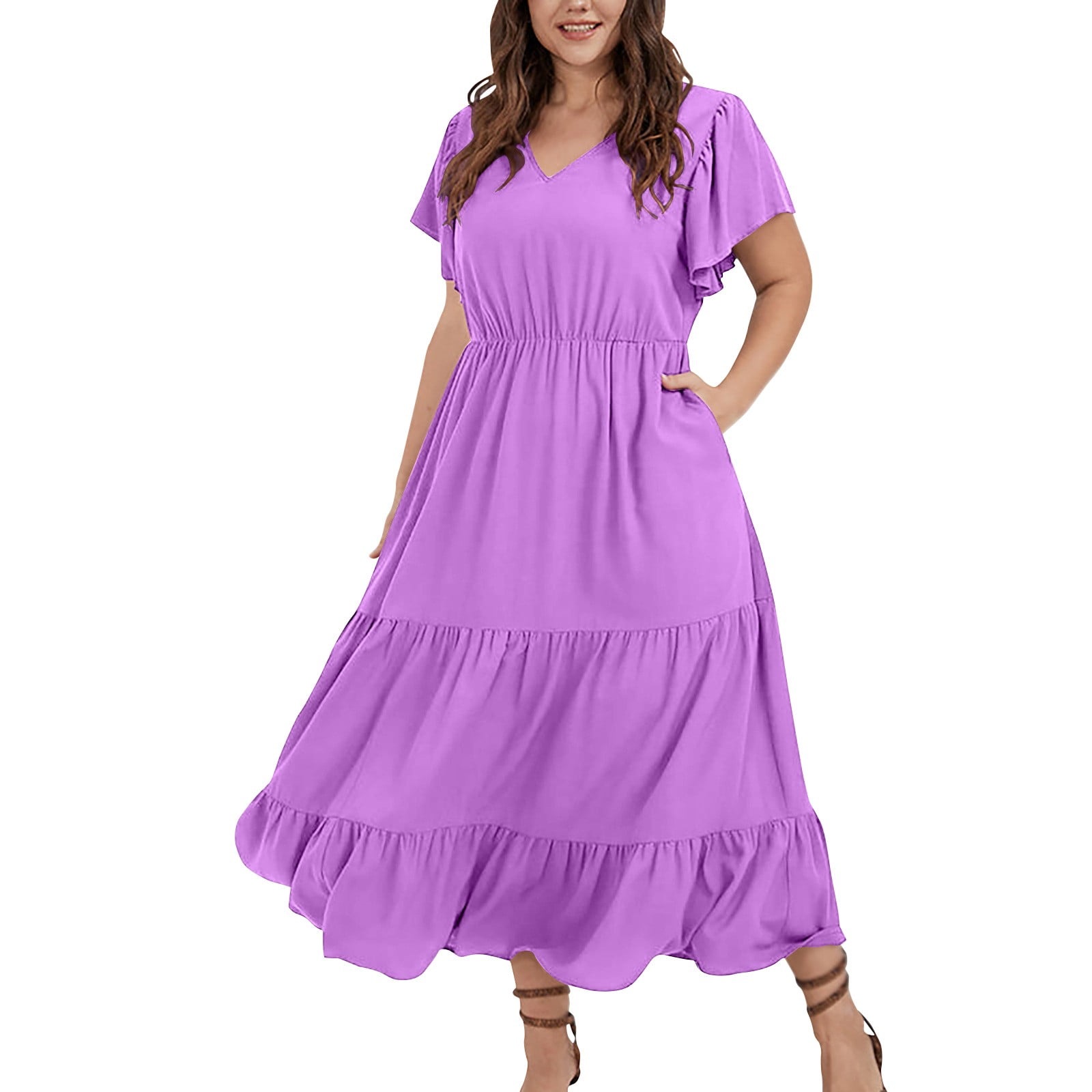 Nisorays Plus Size Dresses for Women A Line Maxi Dress Tiered Ruffled ...
