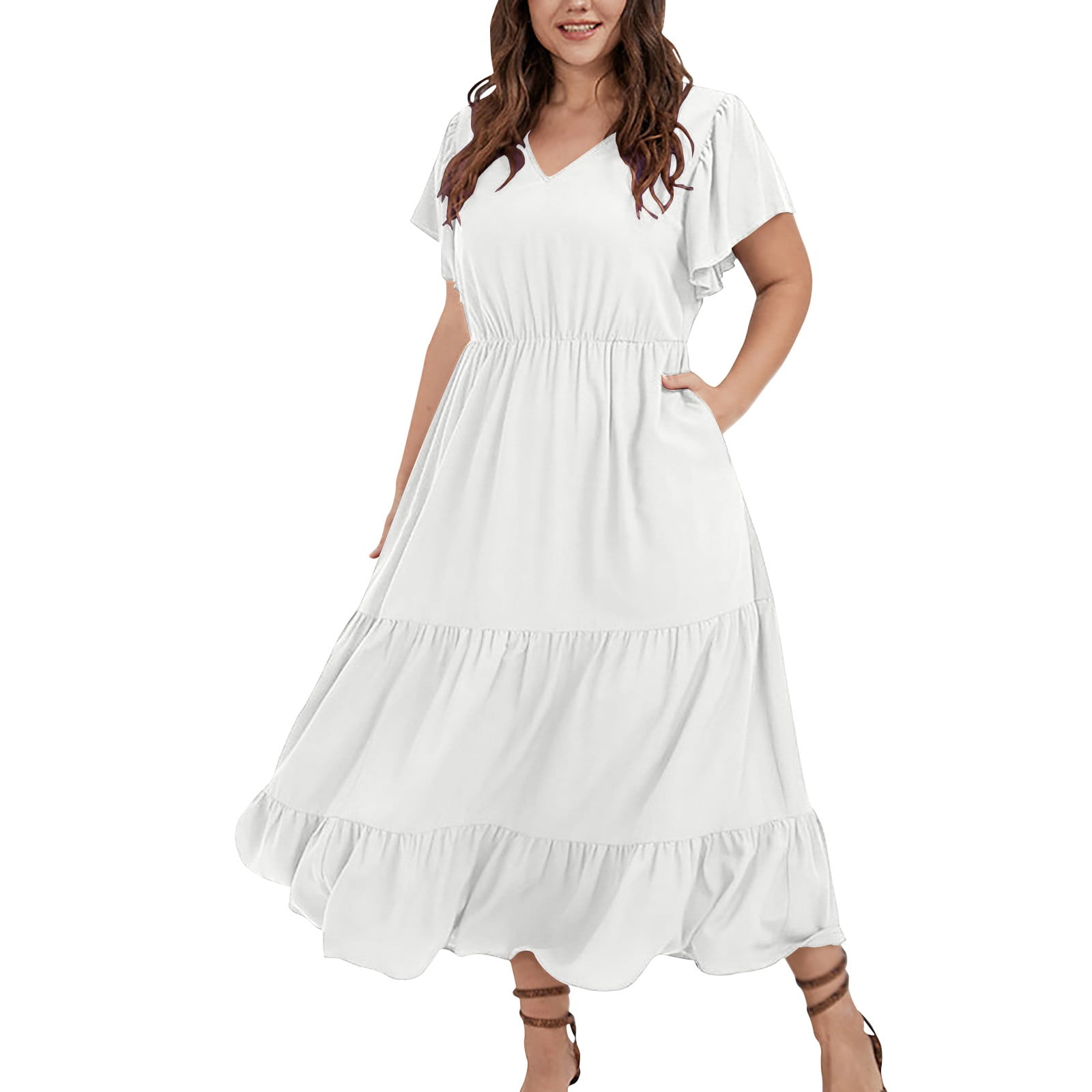 Nisorays Plus Size Dresses for Women A Line Maxi Dress Tiered Ruffled ...