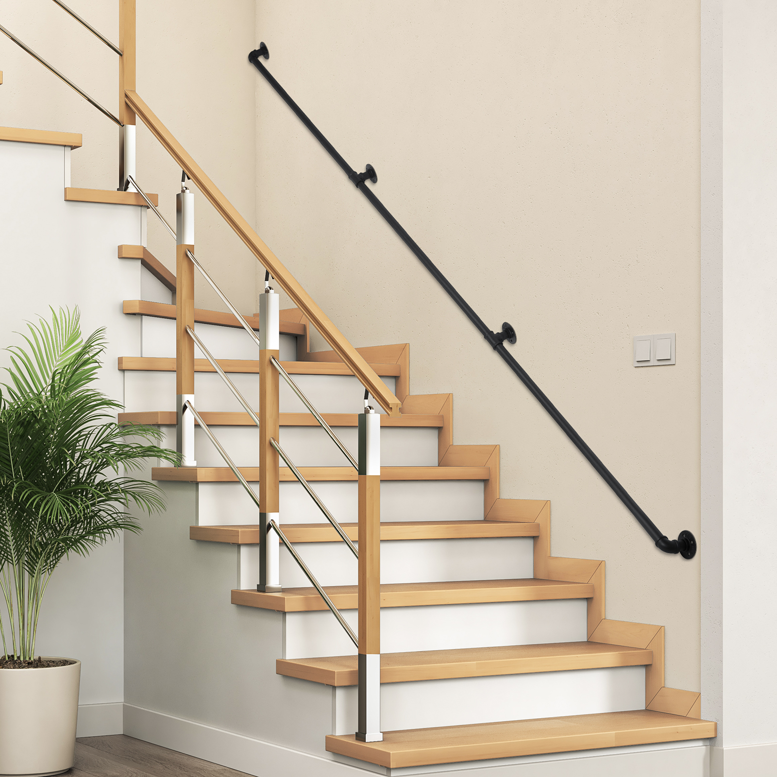 WUZSTAR 10Ft Wall Handrail,Dark Iron Loft Pipe Staircase Hand Railing ...