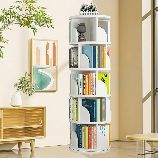 Qunbio 5 Tier Rotating Bookshelf, 360 Degrees Revolving Bookcase with ...