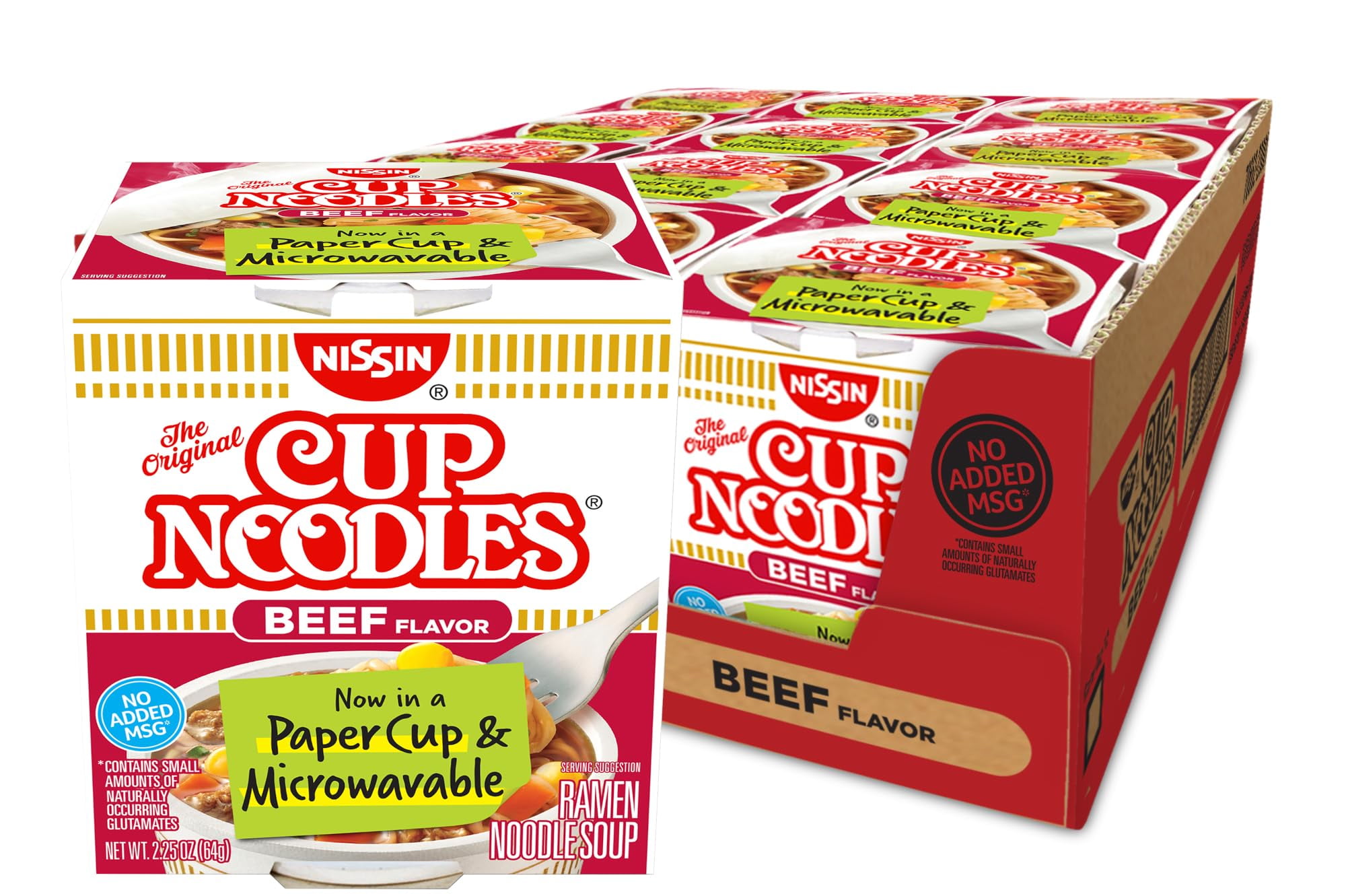 Nissin Cup Noodles Soup, Beef Flavor, Microwaveable Paper Cups, Instant Ramen, 2.25 Ounce (Pack ...