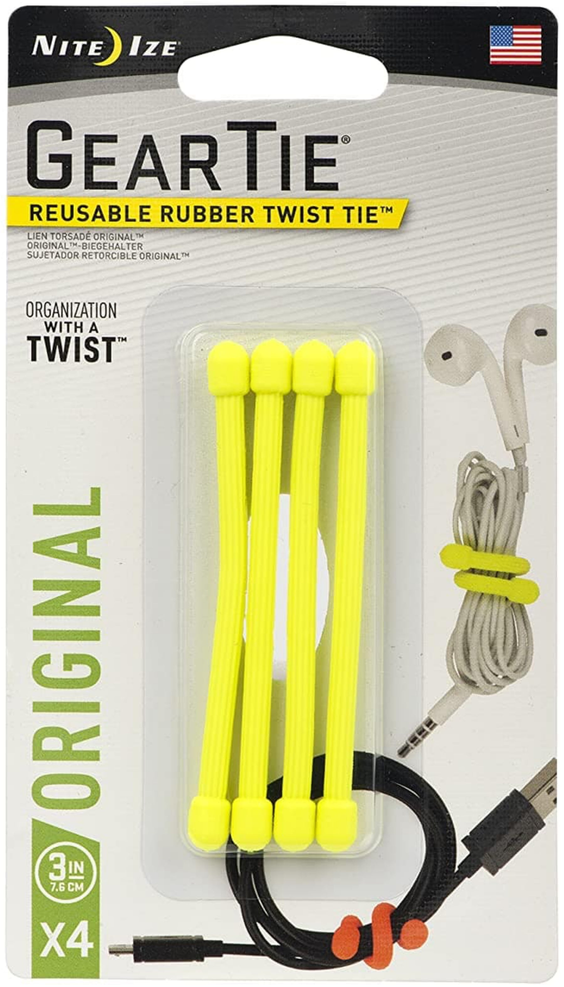 Nite Ize 4-Pack Gear Tie Reusable Rubber Twist Tie, 3" - Neon Yellow ...