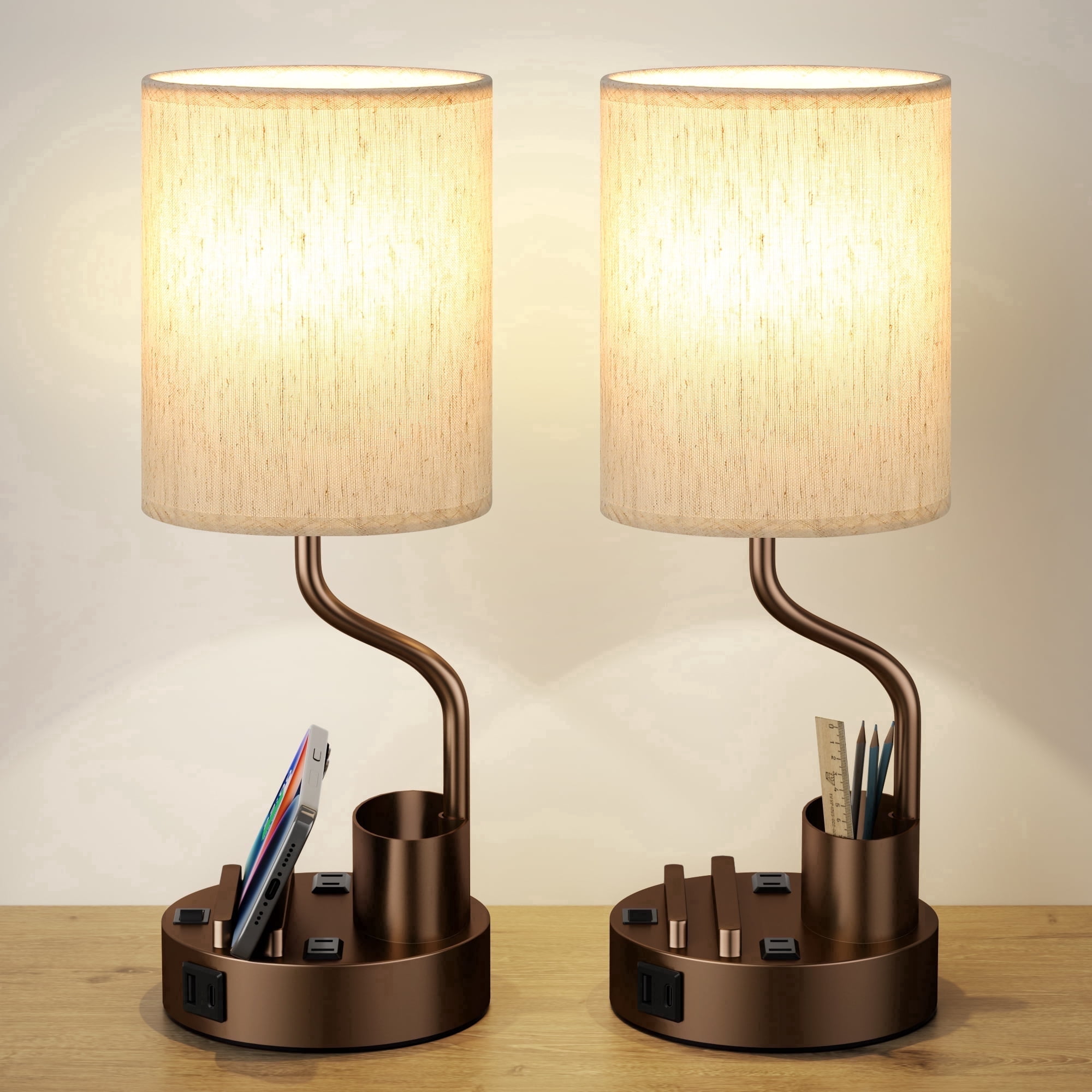 NiteLoom 2 Pack Bedside Table Lamps, 3 Color Temp with USB-A+C & AC ...
