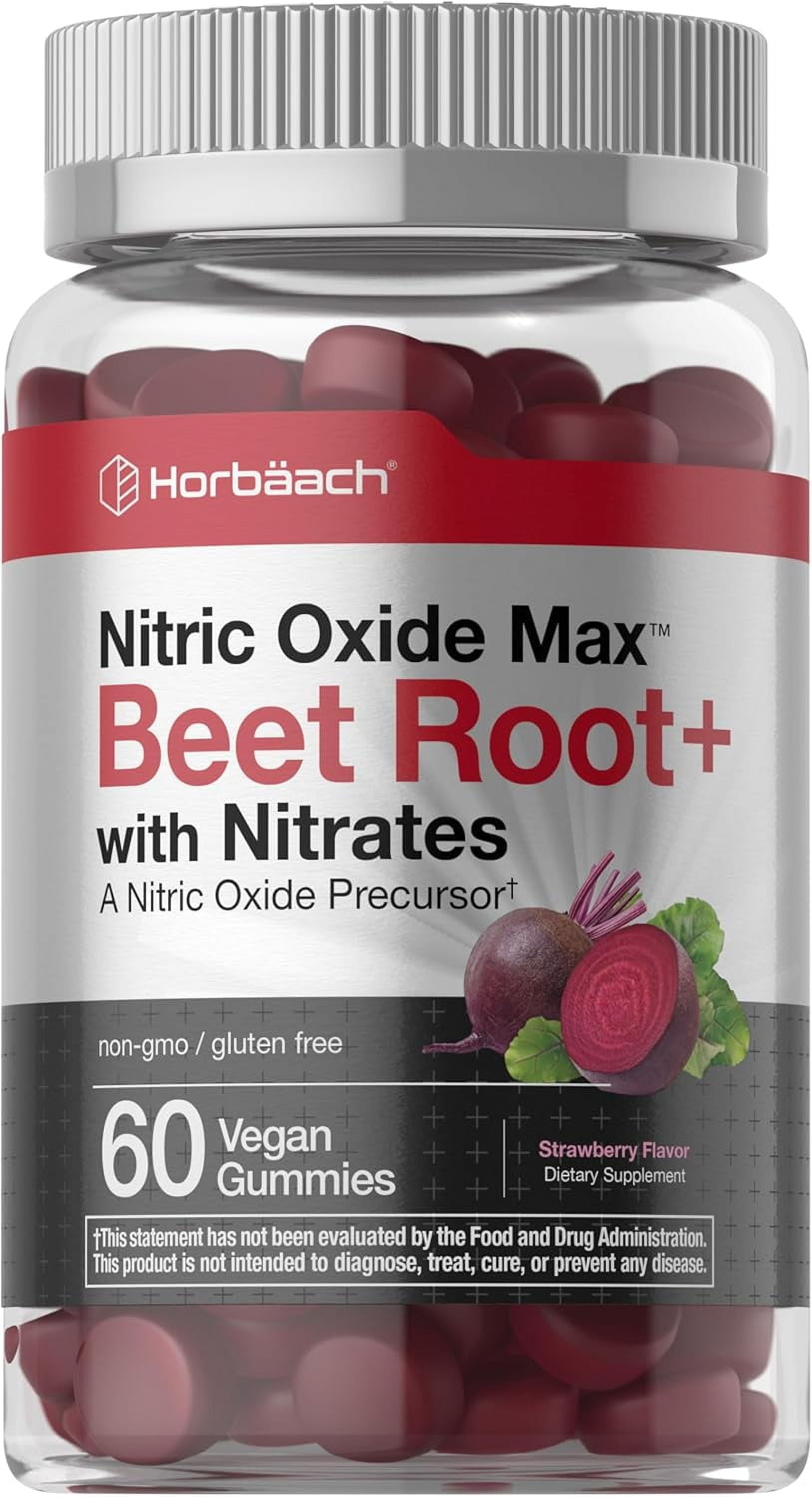Horbaach Nitric Oxide Max Beet Root Gummies, Vegan Strawberry Flavored ...