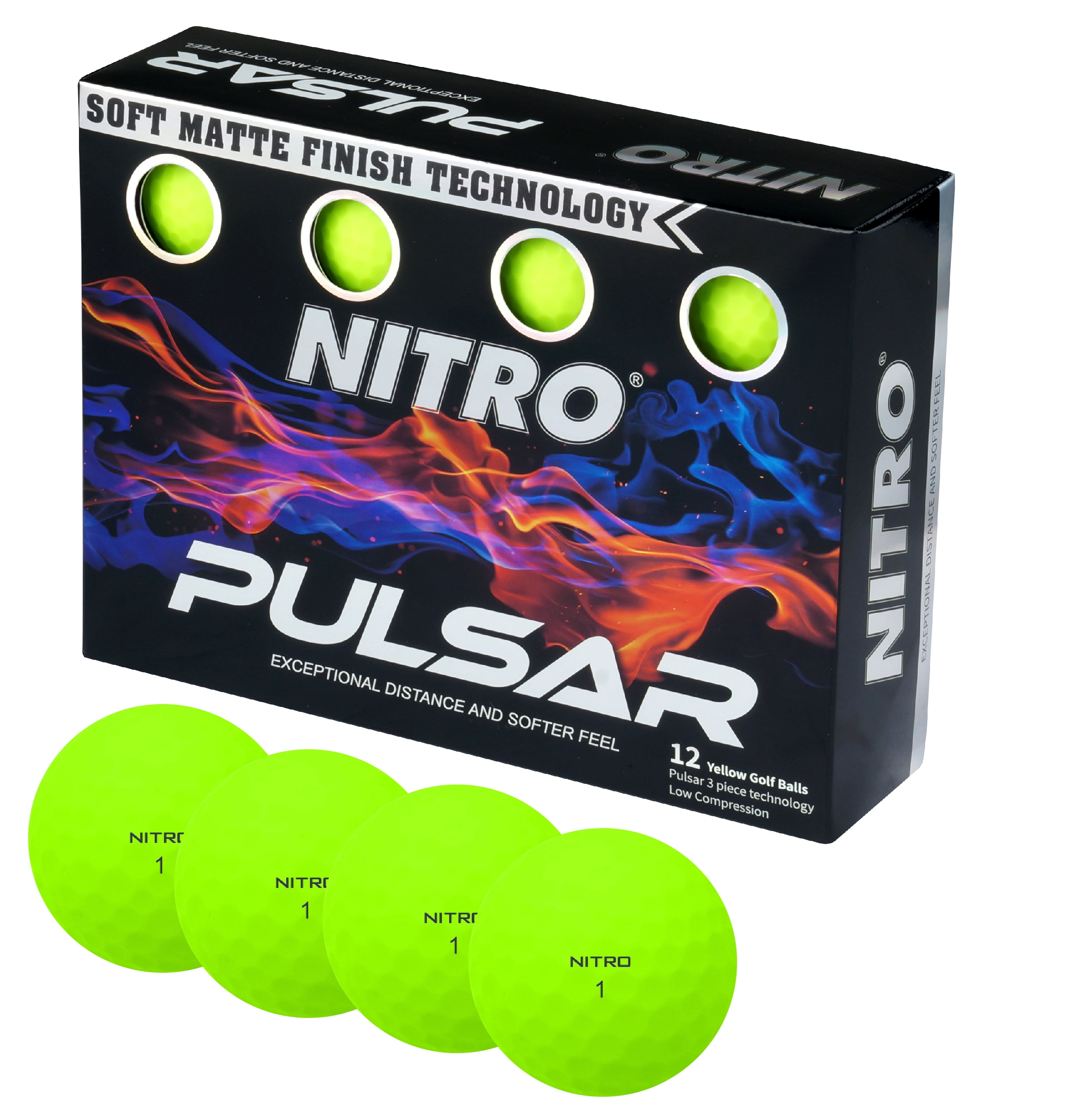 Nitro Golf Pulsar High Impact 3 Piece Golf Balls, Yellow (12 pack ...