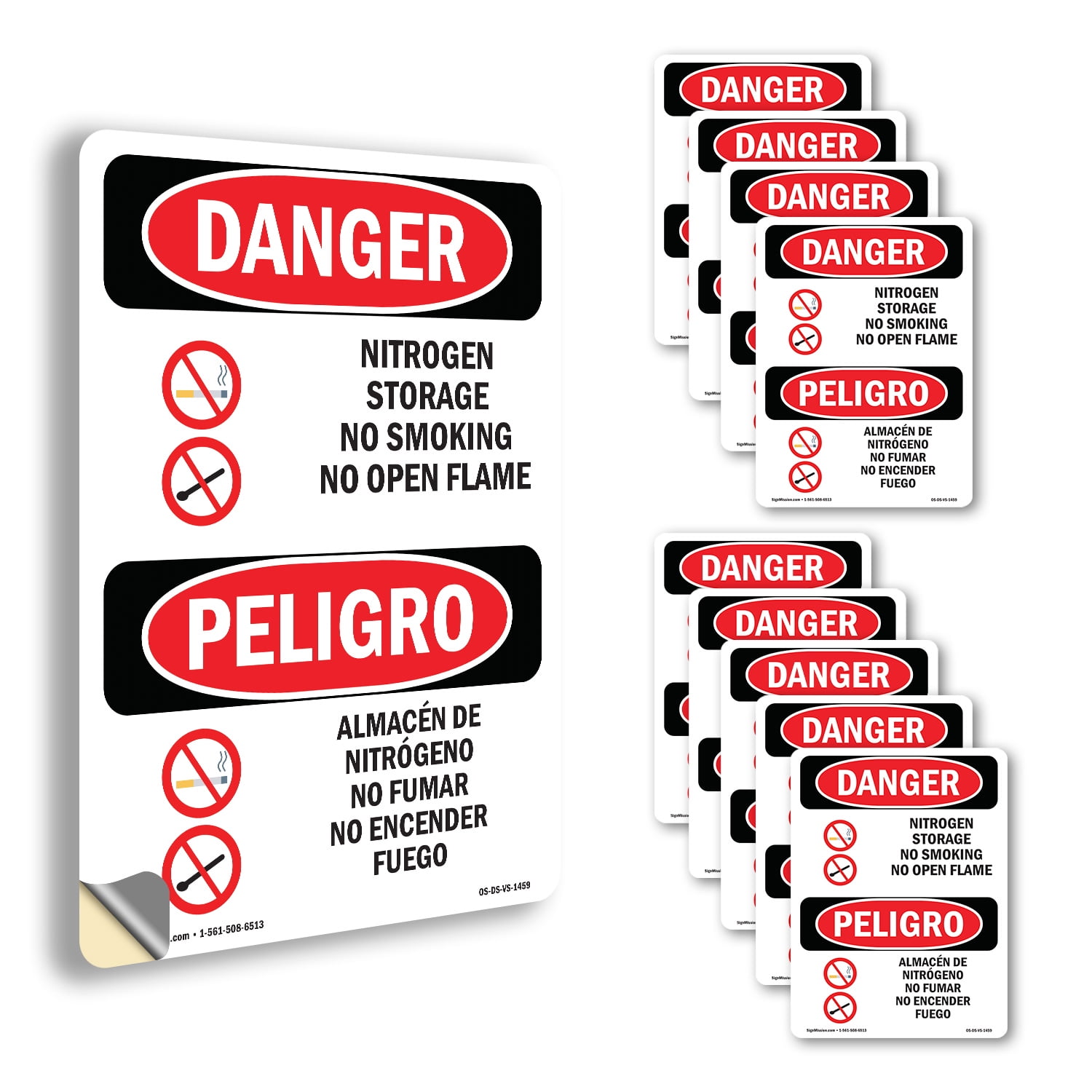 Nitrogen Storage No Smoking Bilingual OSHA Danger Vinyl Decal Label 5 ...