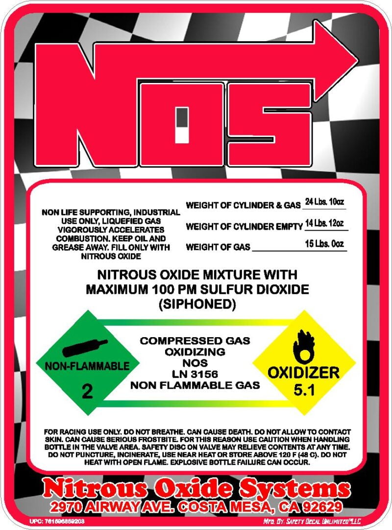 Nitrous Oxide 15LB NOS Bottle Replacement Checkered Flag Racing Pattern ...