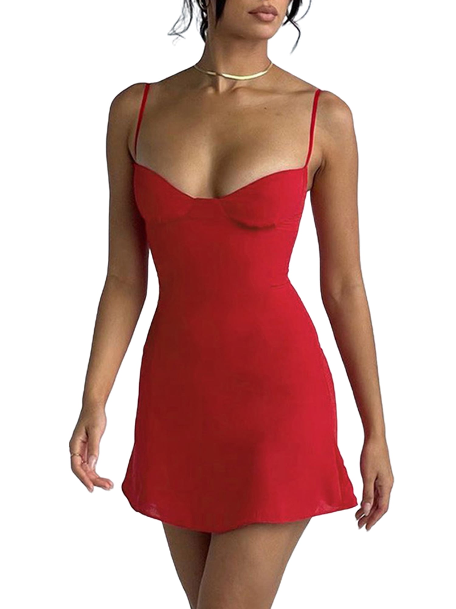 Nituyy Women Spaghetti Strap Lace Mini Dress Backless Low Cut Short