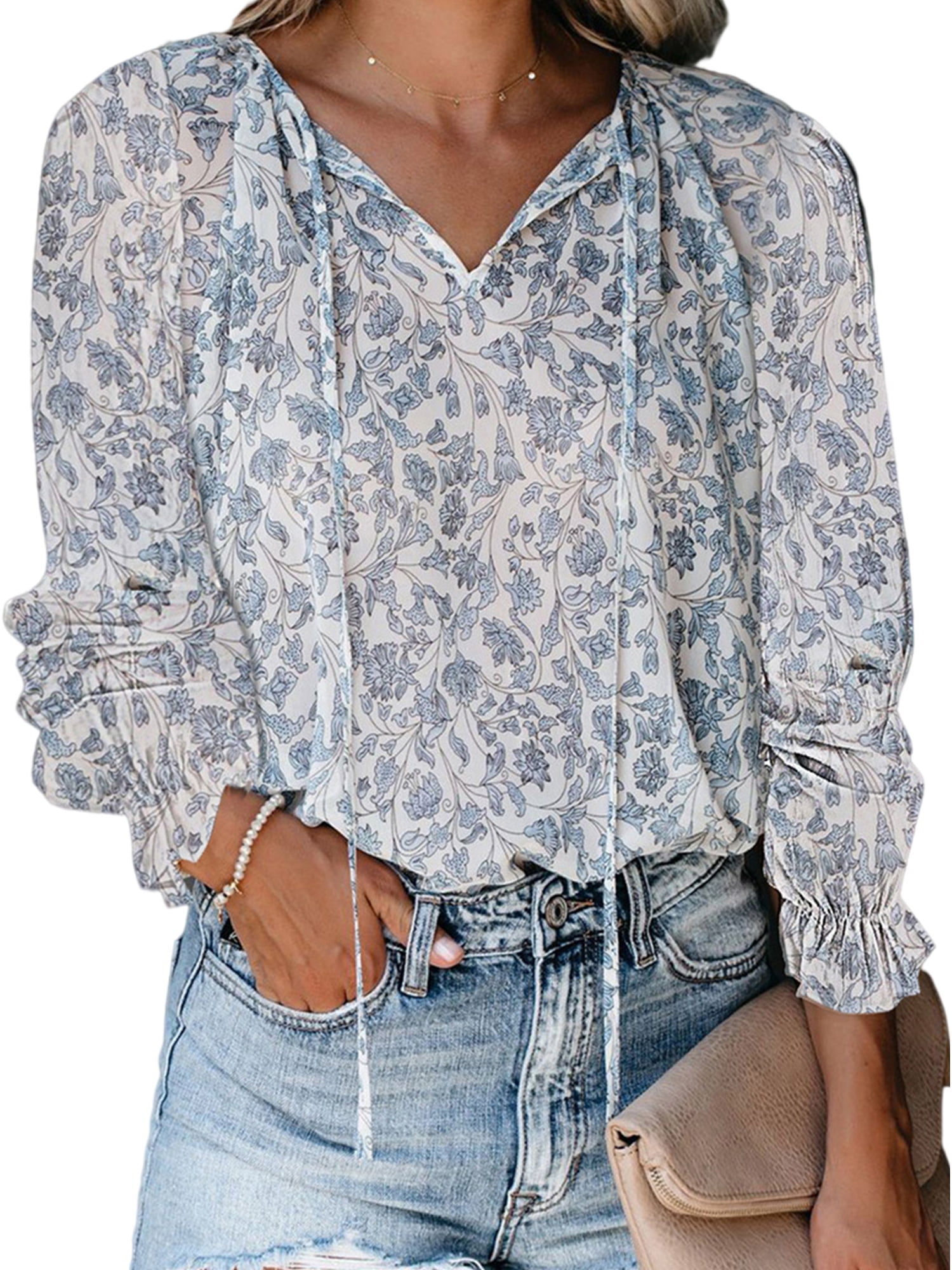 Niuer Floral Boho Top for Womens Elegant V Neck Tunic Shirts Long ...