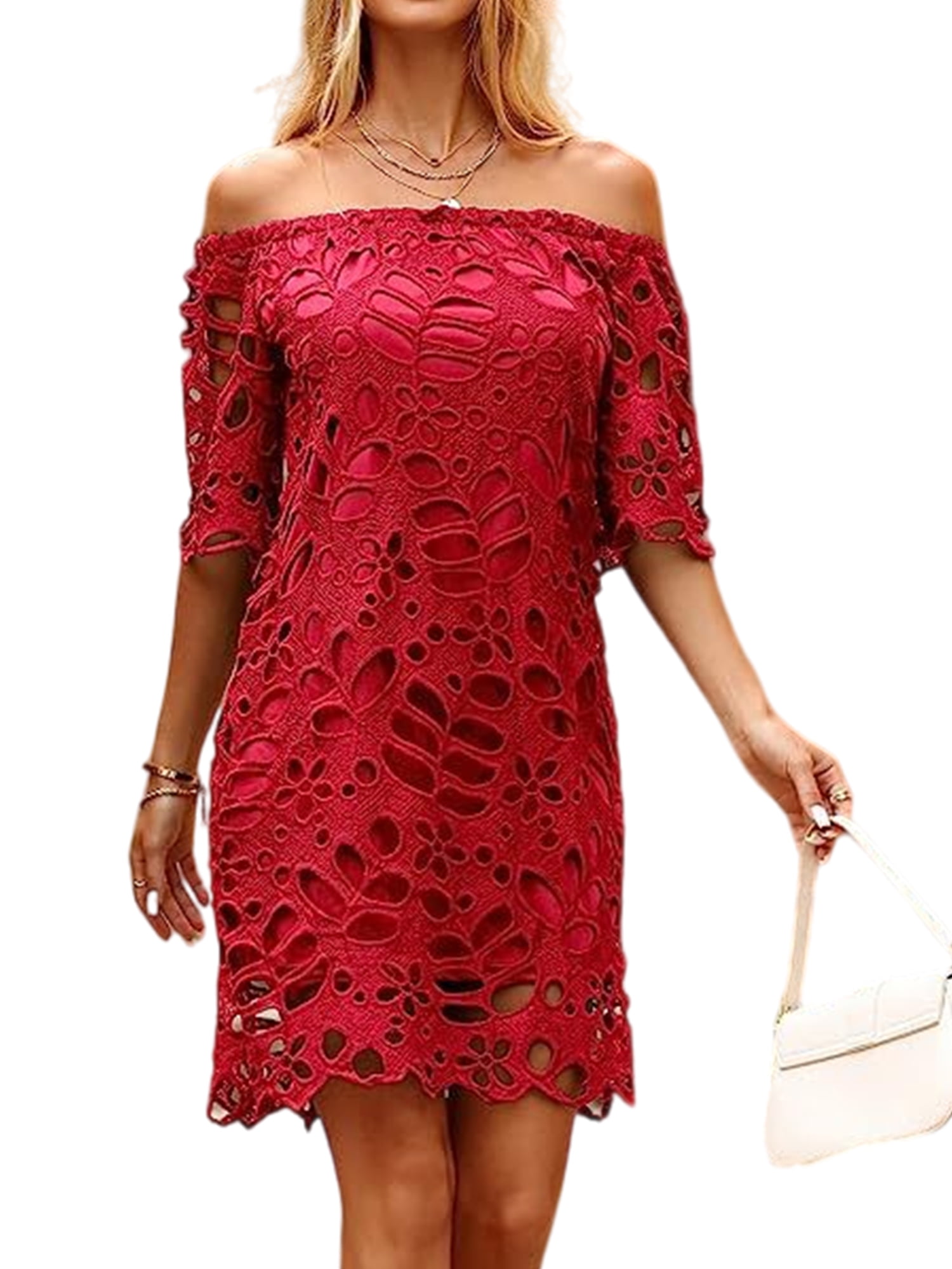 Niuer Ladies Mini Dress Off Shoulder Summer Beach Sundress Crochet Lace