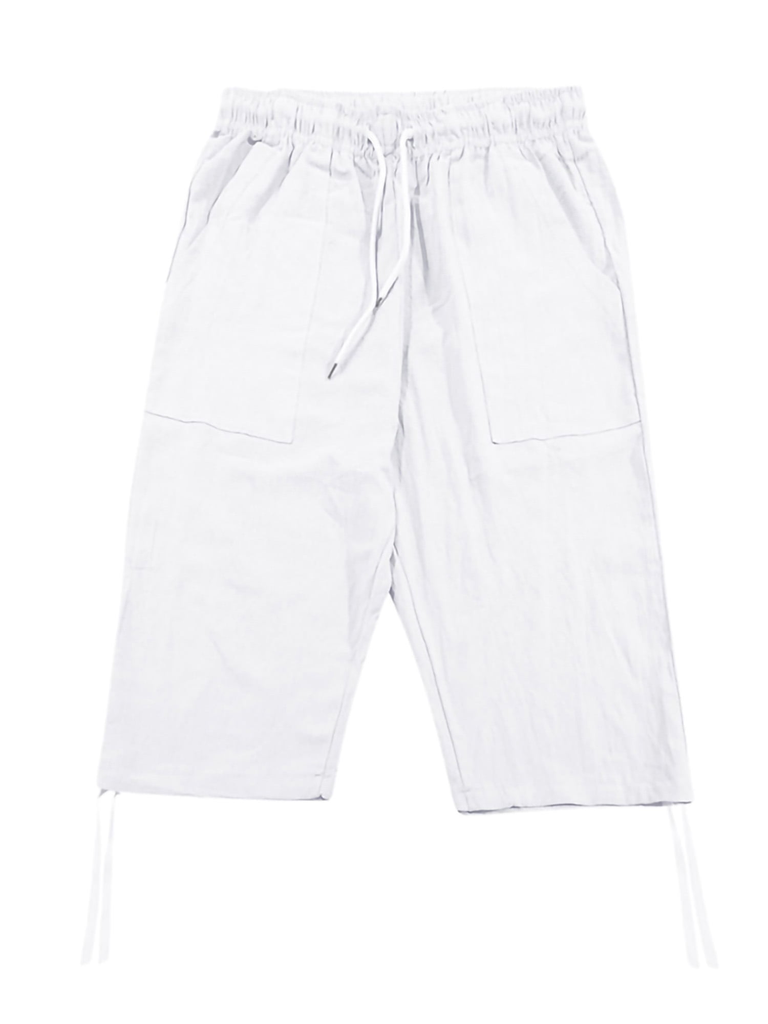 Niuer Men Trousers Solid Color Capri Pants Drawstring Bottoms Fitted