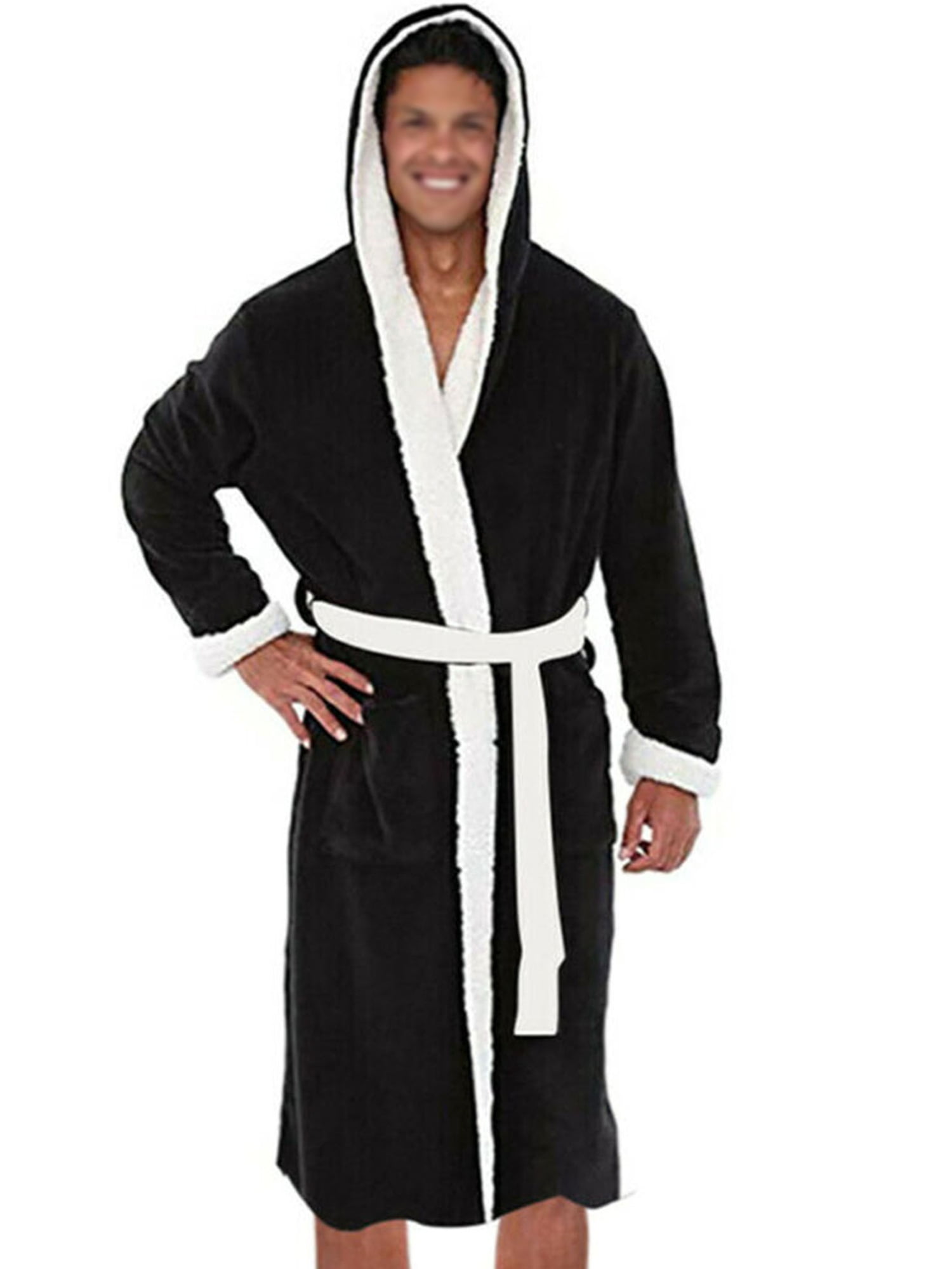 Niuer Mens Wrap Robe Hoodie Dressing Gown Long Sleeve Bath Robes Full Length Pajamas Fleece