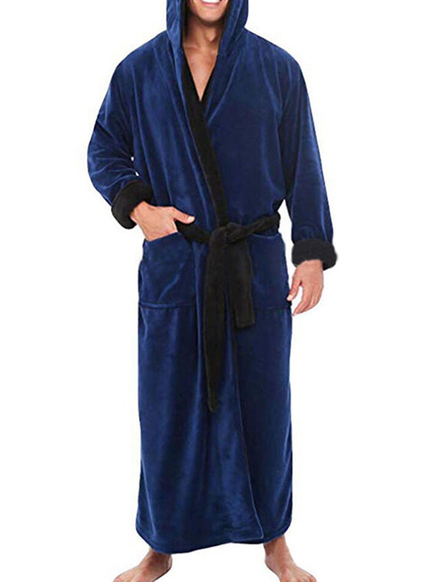 Niuer Mens Bath Robes Hooded Wrap Robe Long Sleeve Dressing Gown Warm ...
