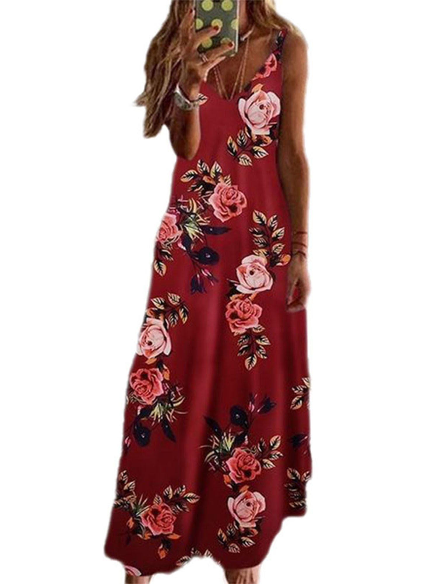 Niuer Women Floral Print Nightgown Summer Sexy V Neck Sleeveless Long ...