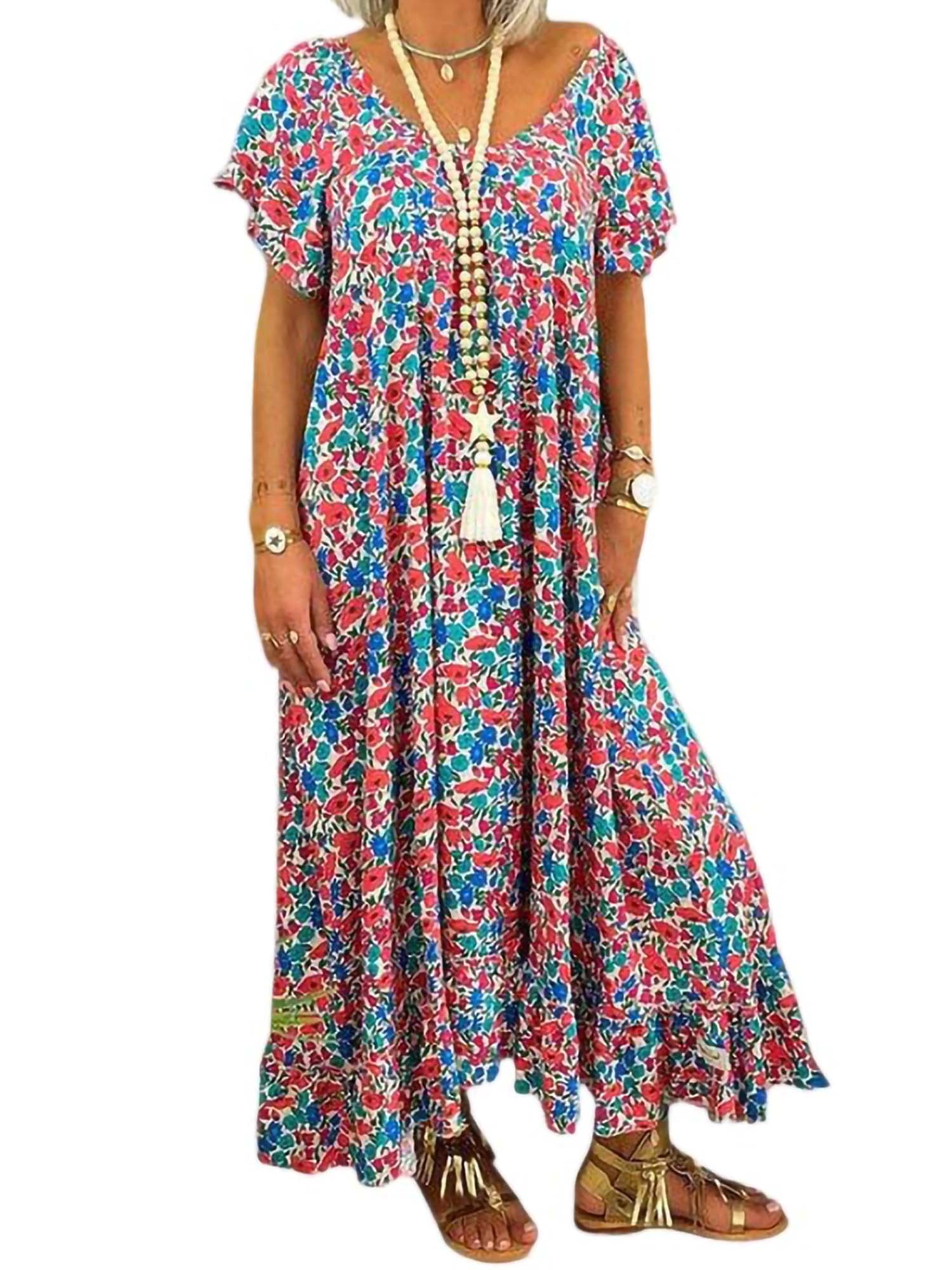 Niuer Women Long Dress Short Sleeve Maxi Dresses V Neck Summer Beach