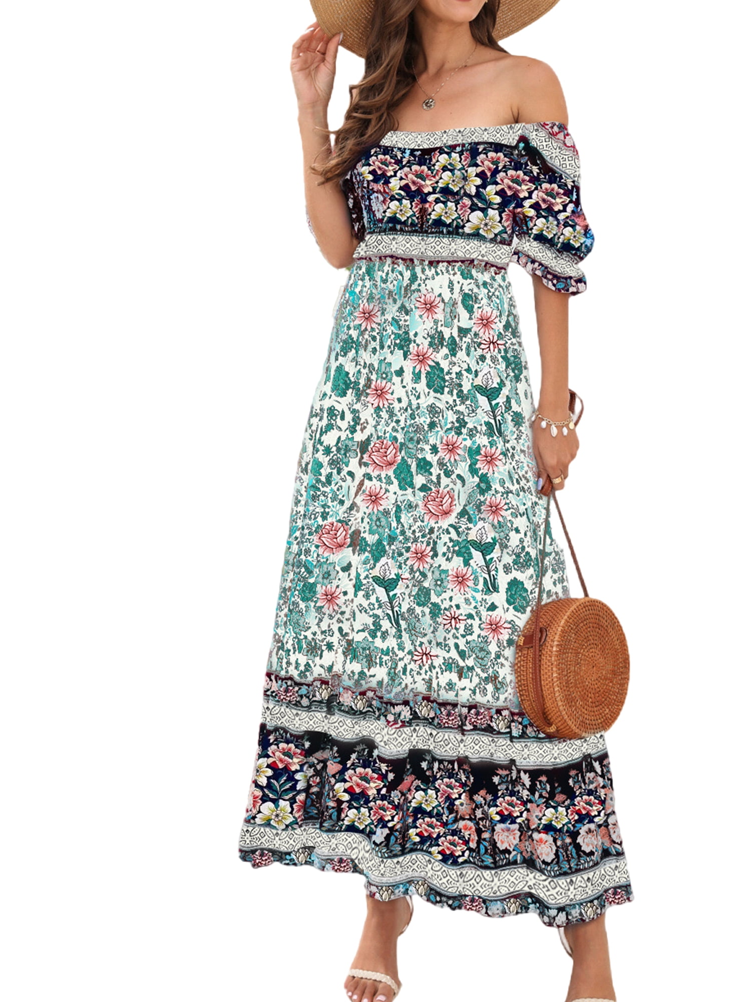 Niuer Women Long Dress Square Neck Maxi Dresses Floral Print Summer