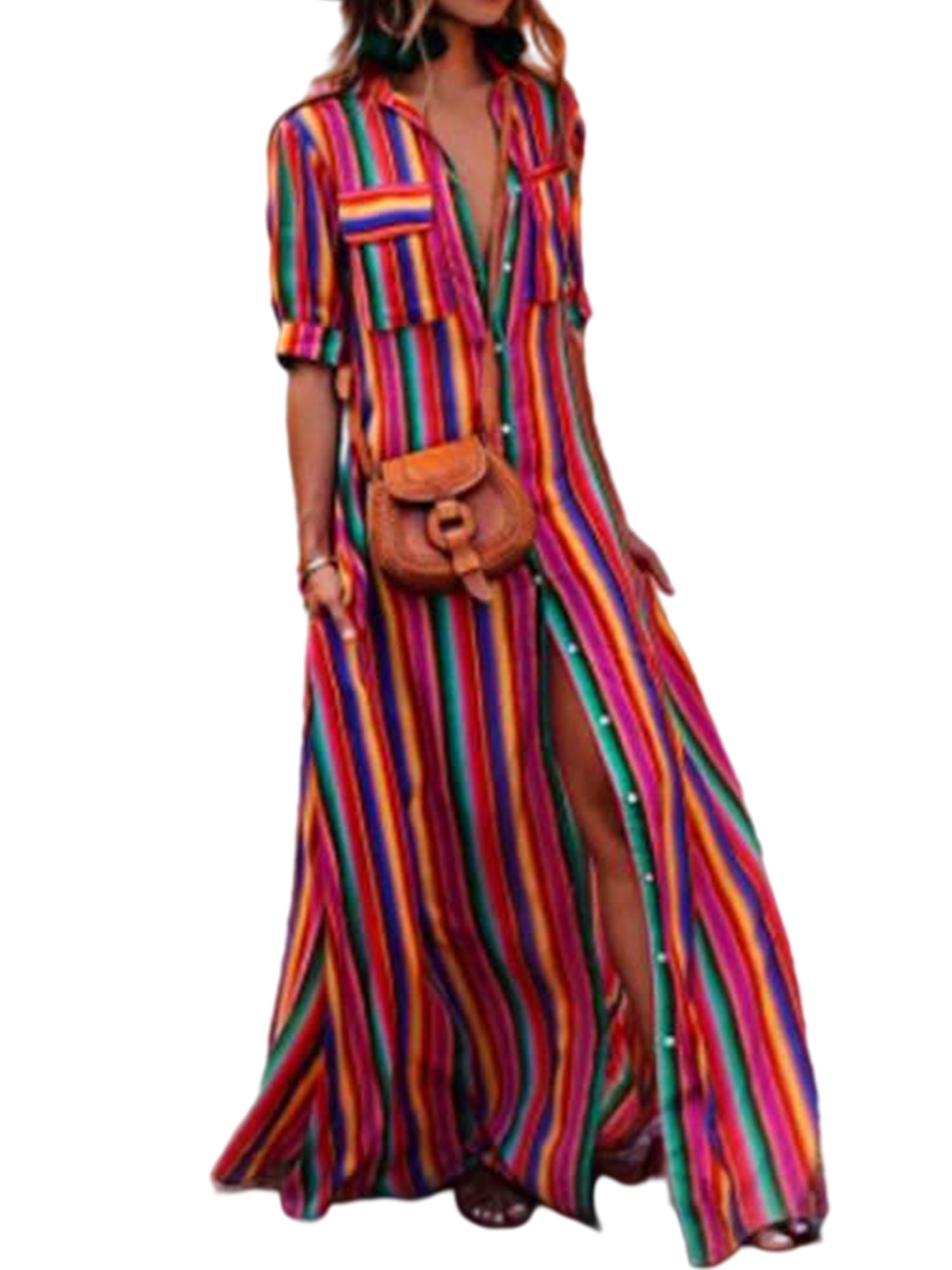 Niuer Women Sexy Lapel Shirt Dress Ladies Long Maxi Dresses Button Down