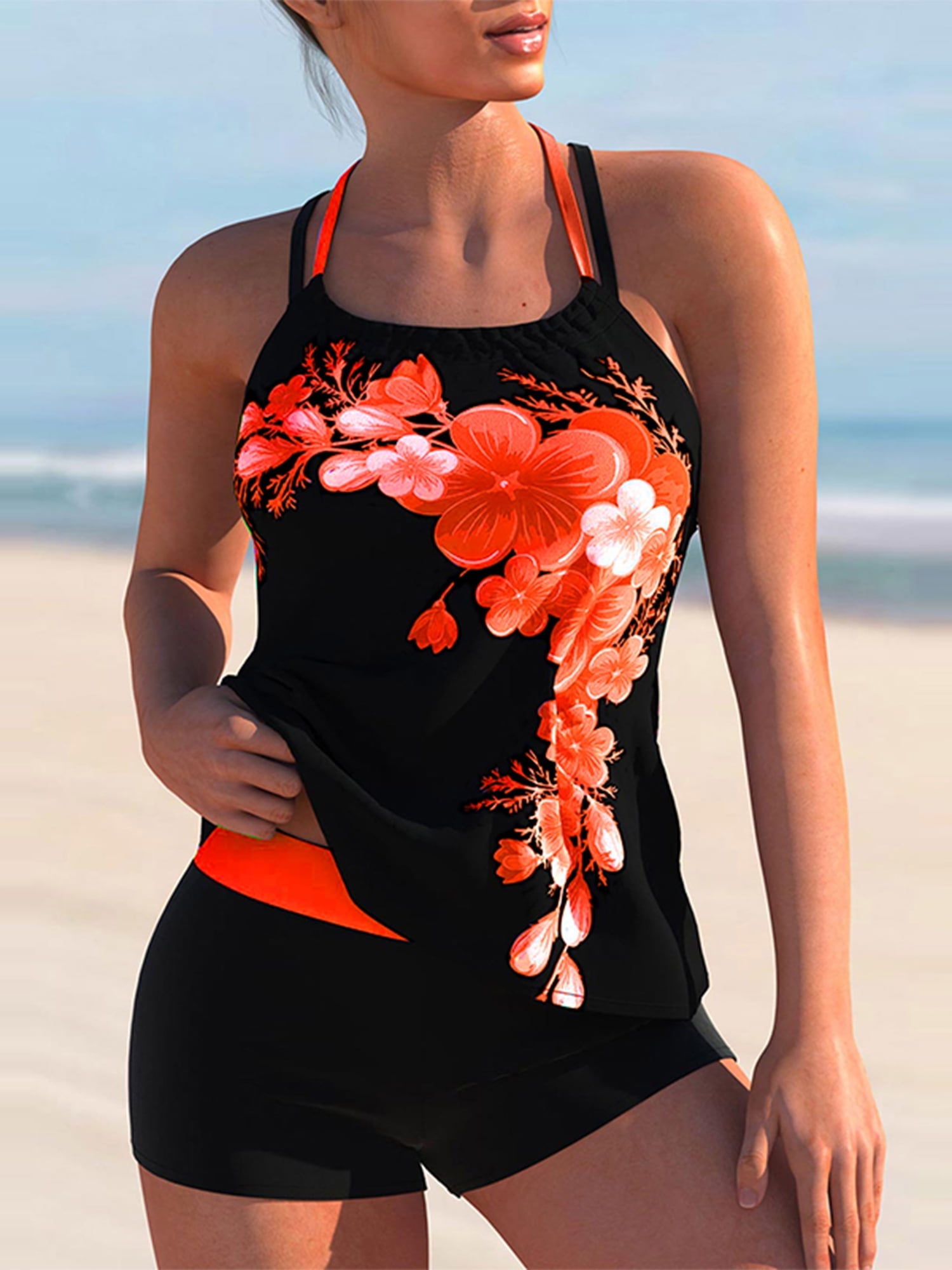 Niuer Women Strappy Tankini Set Floral Print Swimsuits with Shorts 2 ...