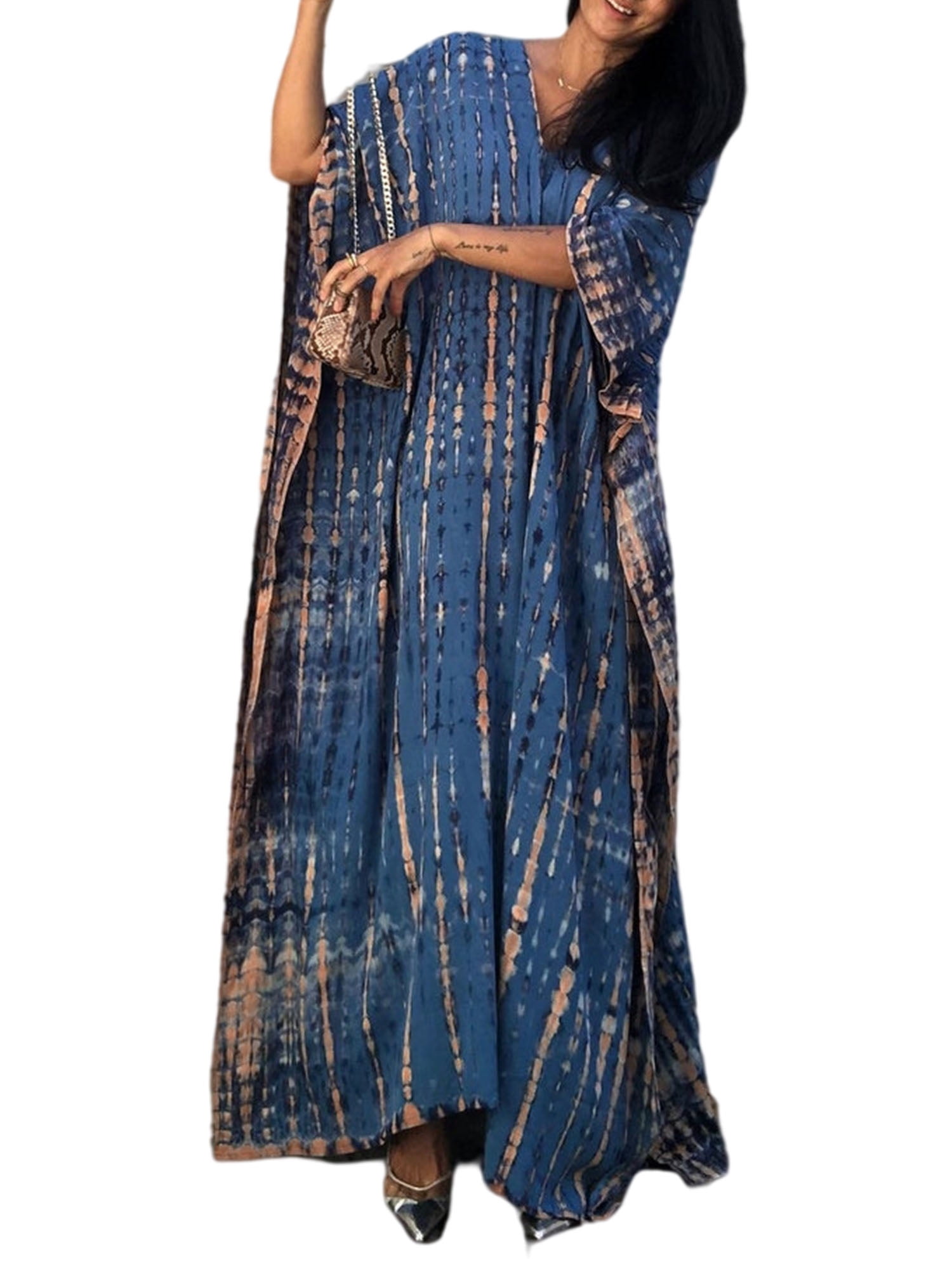 Niuer Women Tie Dye Ethnic Print Kaftan Maxi Dress Summer Beach Dress