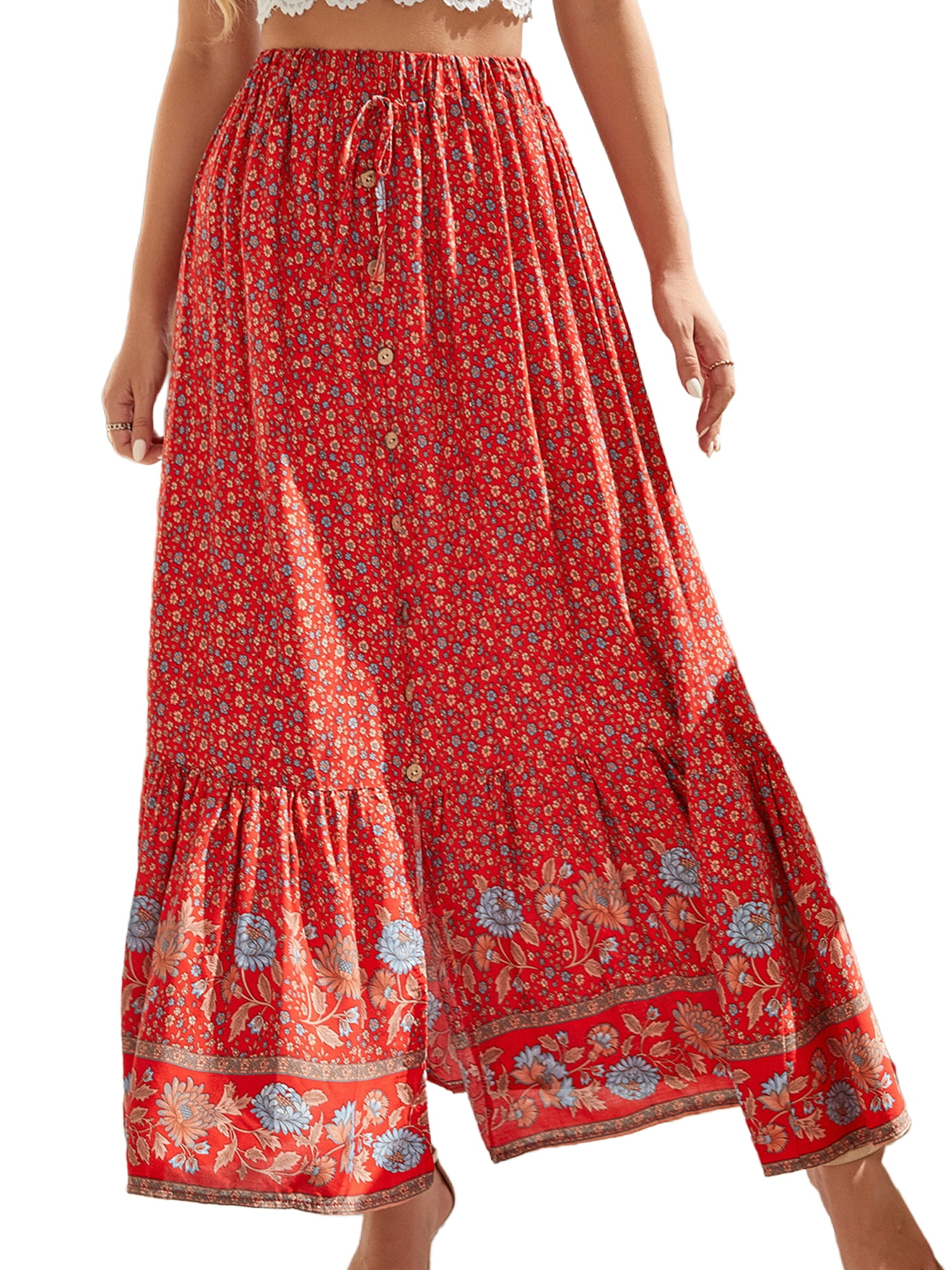 Niuer Womens Boho Long Floral Elastic High Waist Maxi Skirts Plus Size ...