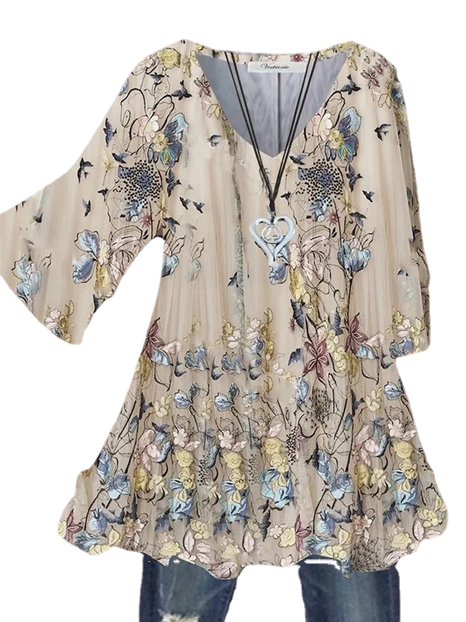 Niuer Womens Ladies Boho Floral Blouse 3/4 Sleeve Shirts Casual Loose ...