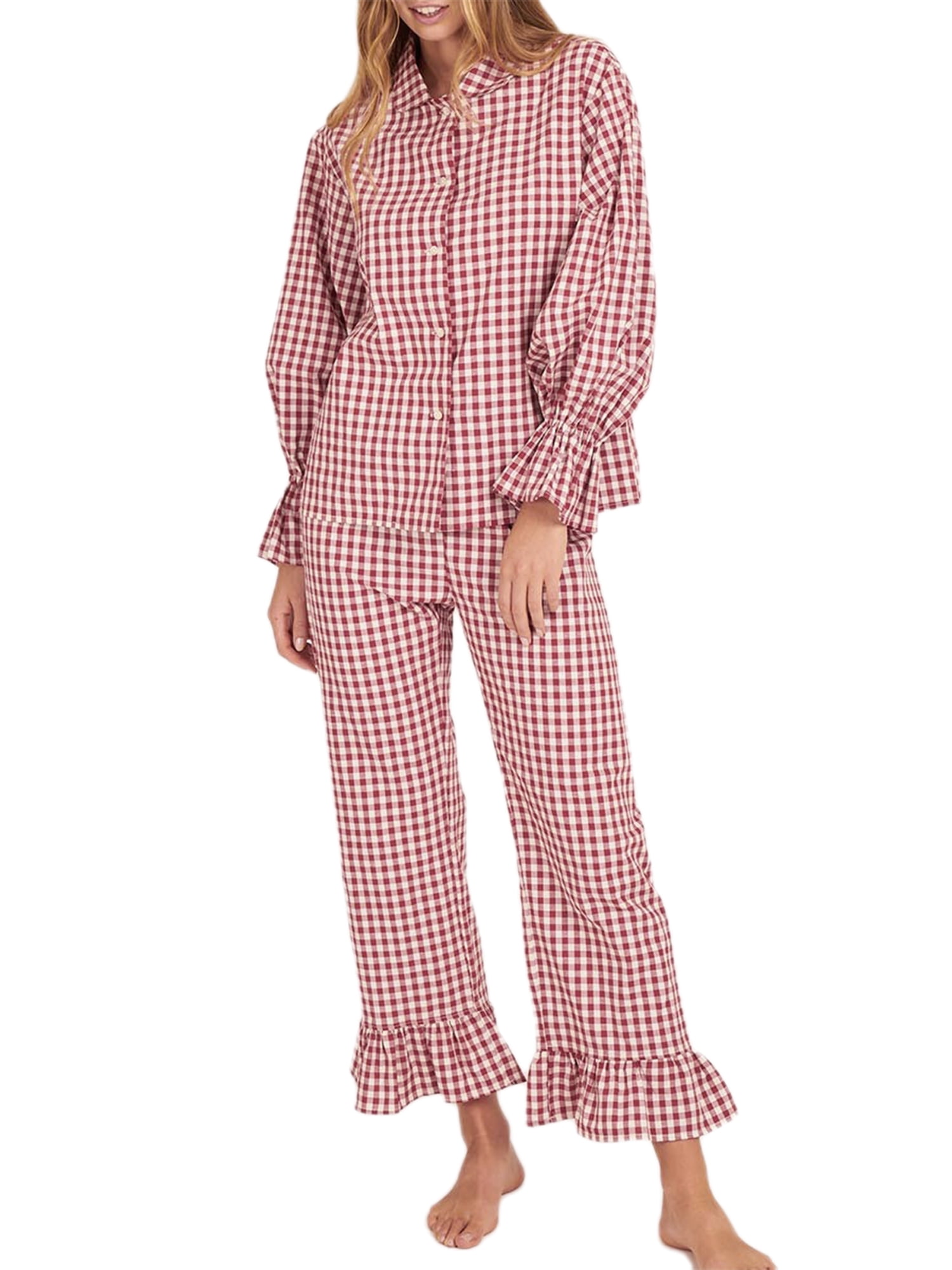 Niusricy Women 2 Piece Casual Pajamas Lounge Set Junior Cute Plaid Pj ...