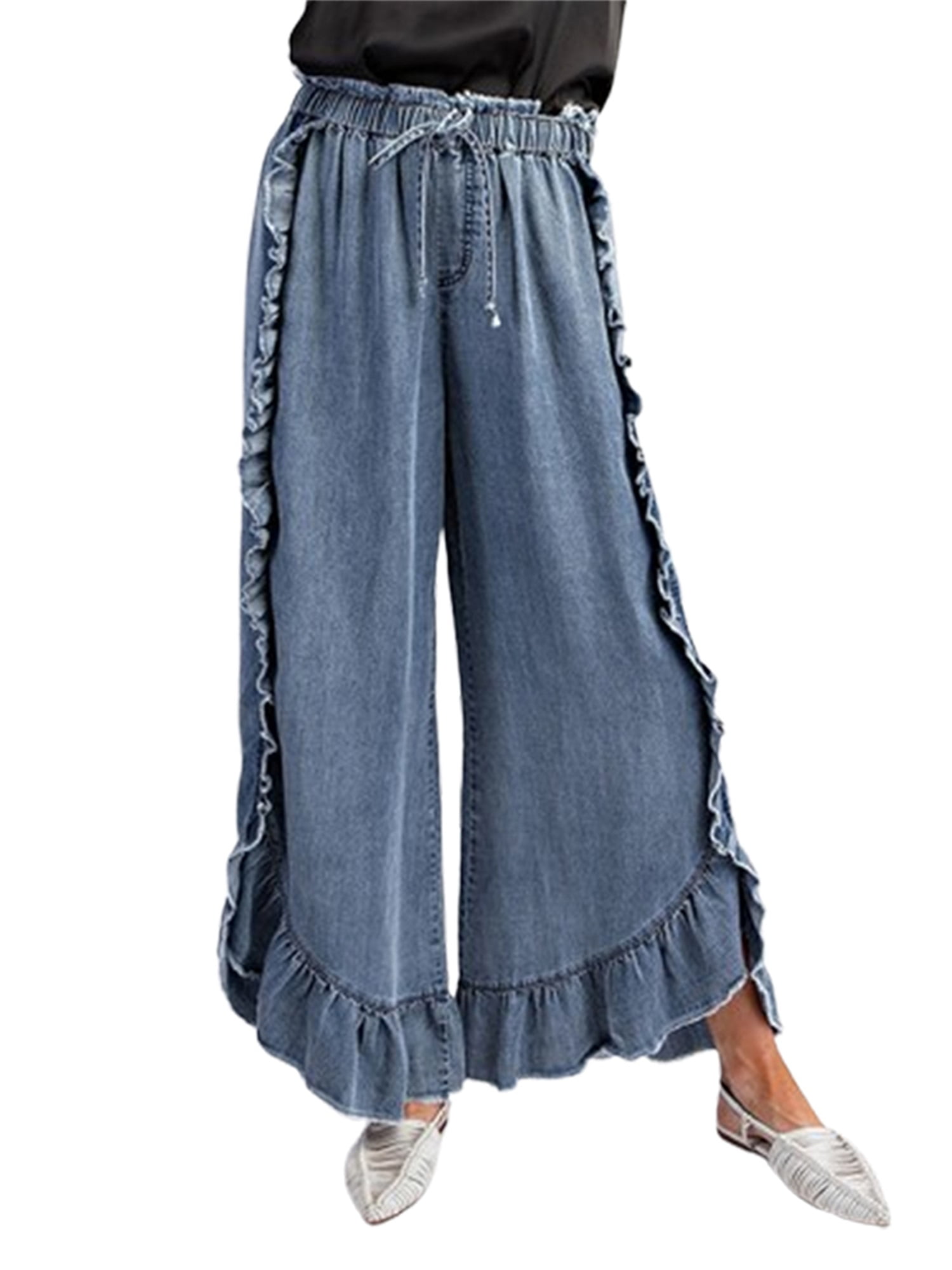 Niusricy Women’s High Wide Leg Jeans Rise Ruffle Vintage Denim Pants ...