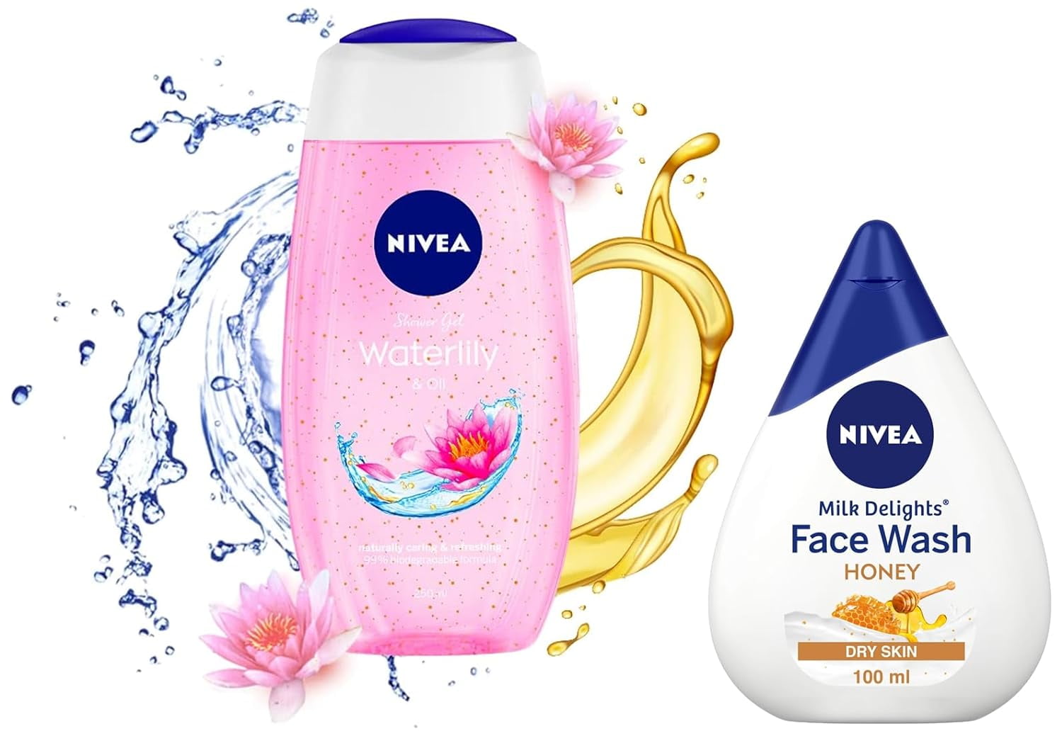 Nivea Face Wash, Milk Delights Moisturizing Honey, 100ml & Shower Gel, Water Lily & Oil Body ...