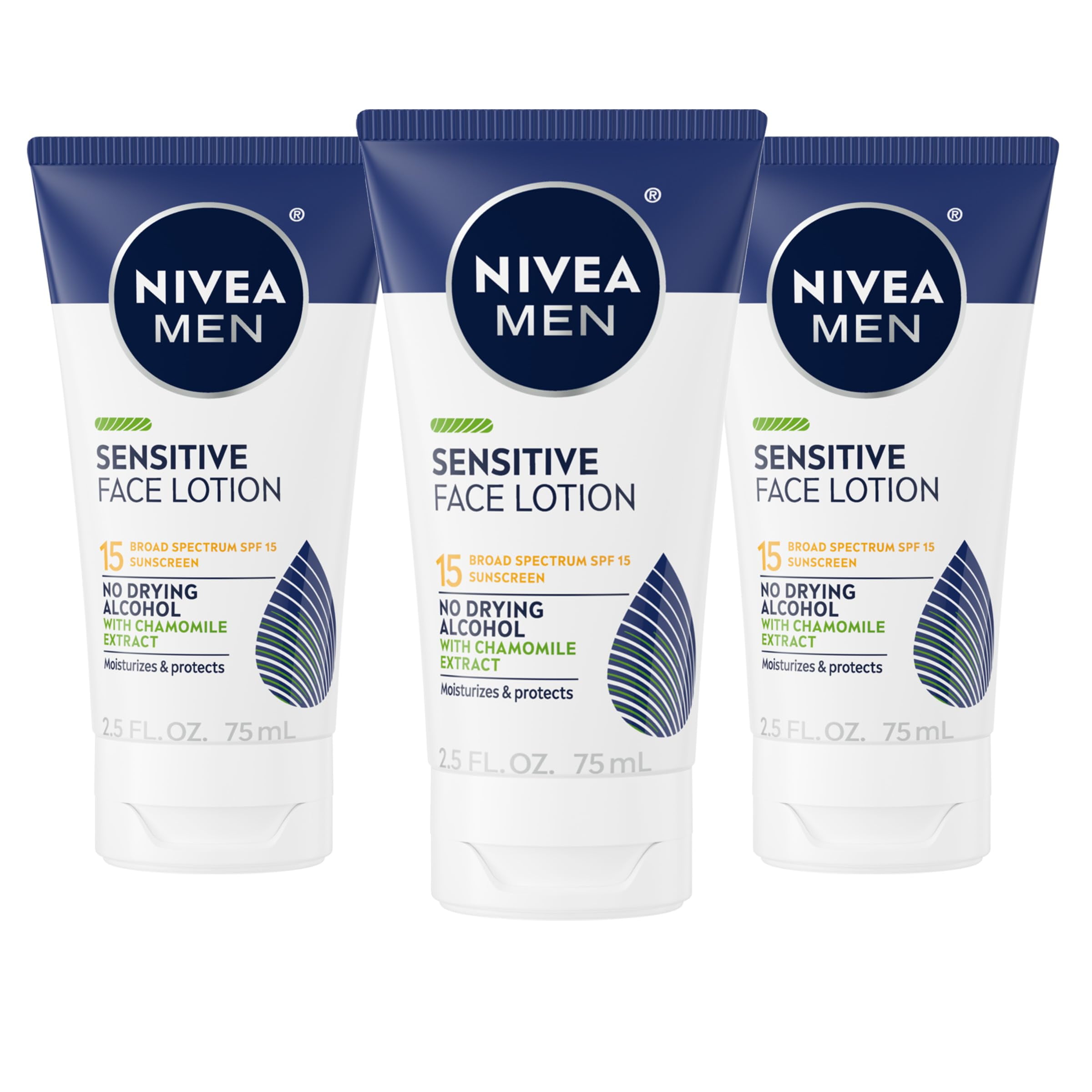 NIVEA MEN Sensitive Face Lotion, SPF 15 Sunscreen, Hydrating Moisturizer, Chamomile, 3 Pack ...
