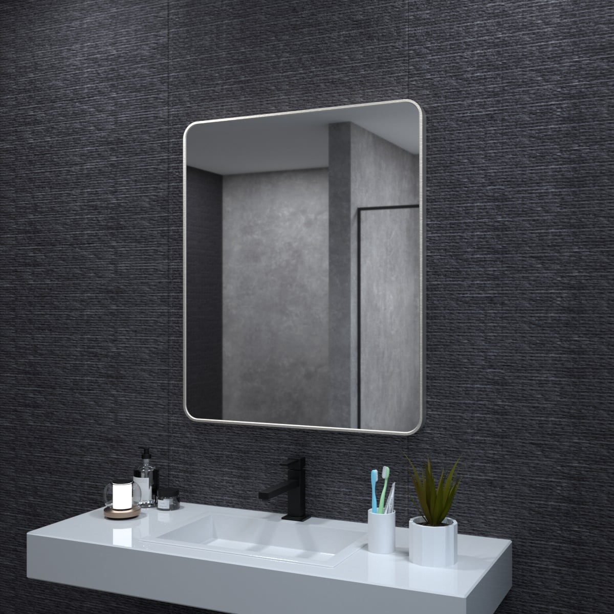 Niveal Wall Mirror 30" x 36" Rectangular Rounded Corner Mirror Aluminum ...