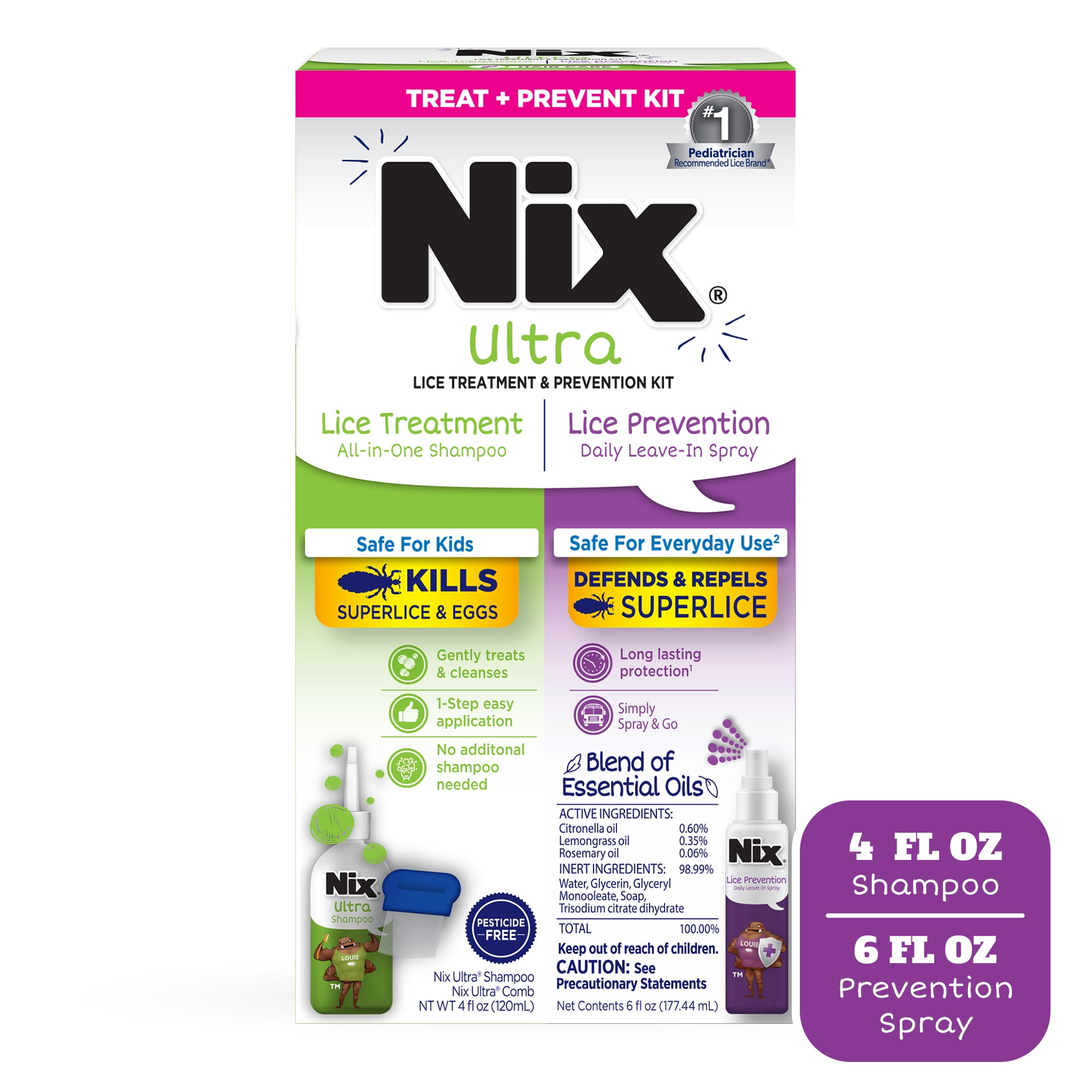 Nix Ultra Super Lice Treatment & Prevention Hair Kit: Shampoo, Removal Comb & Daily Spray ...