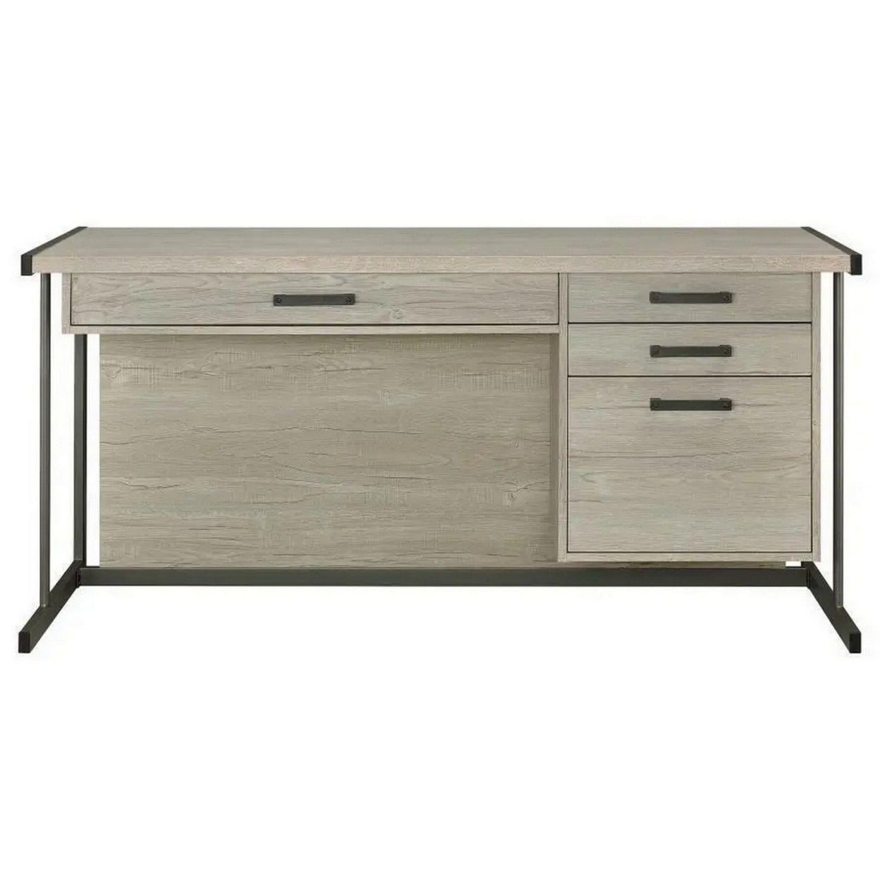 Nixen 60 Inch 4 Drawer Office Desk, Whitewashed Gray Wood, Metal Sled ...